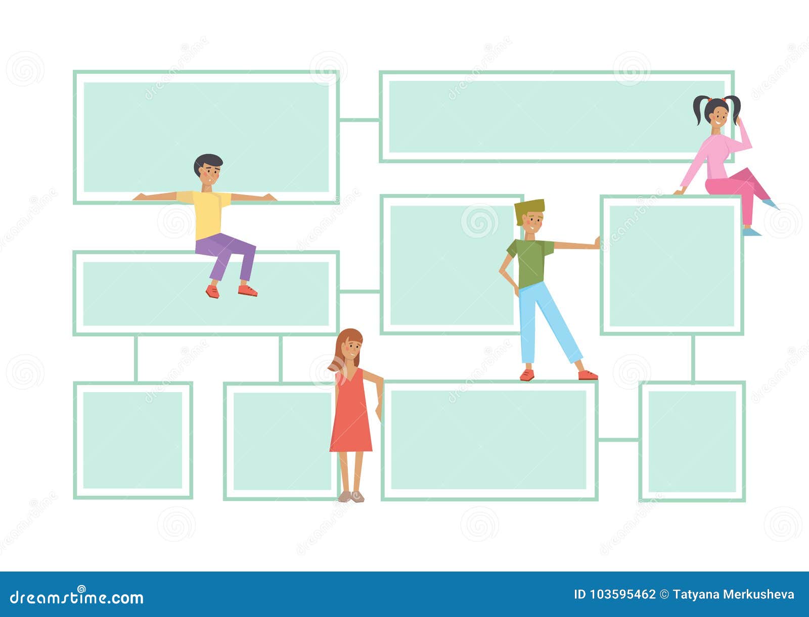 Flowchart Latout With Human Characters On A White Background. Connected ...