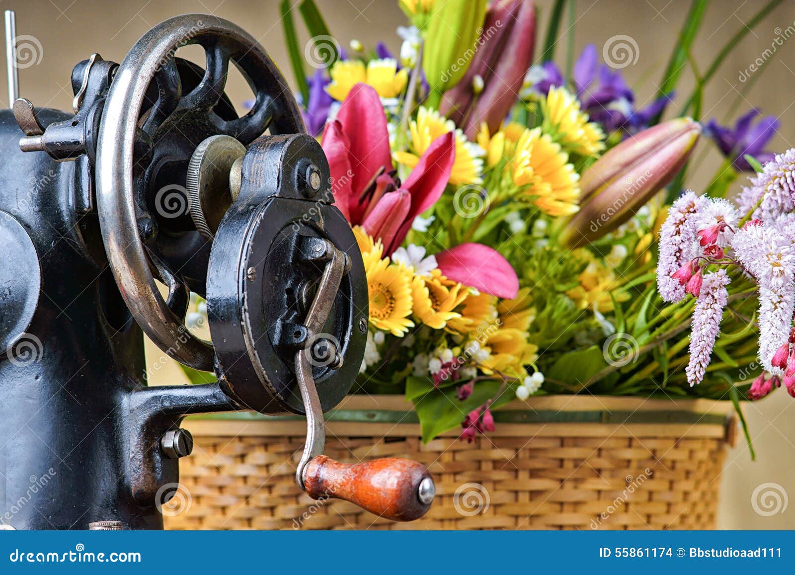 Flower Arrangement with Sewing-machine on a Table Stock Photo - Image ...