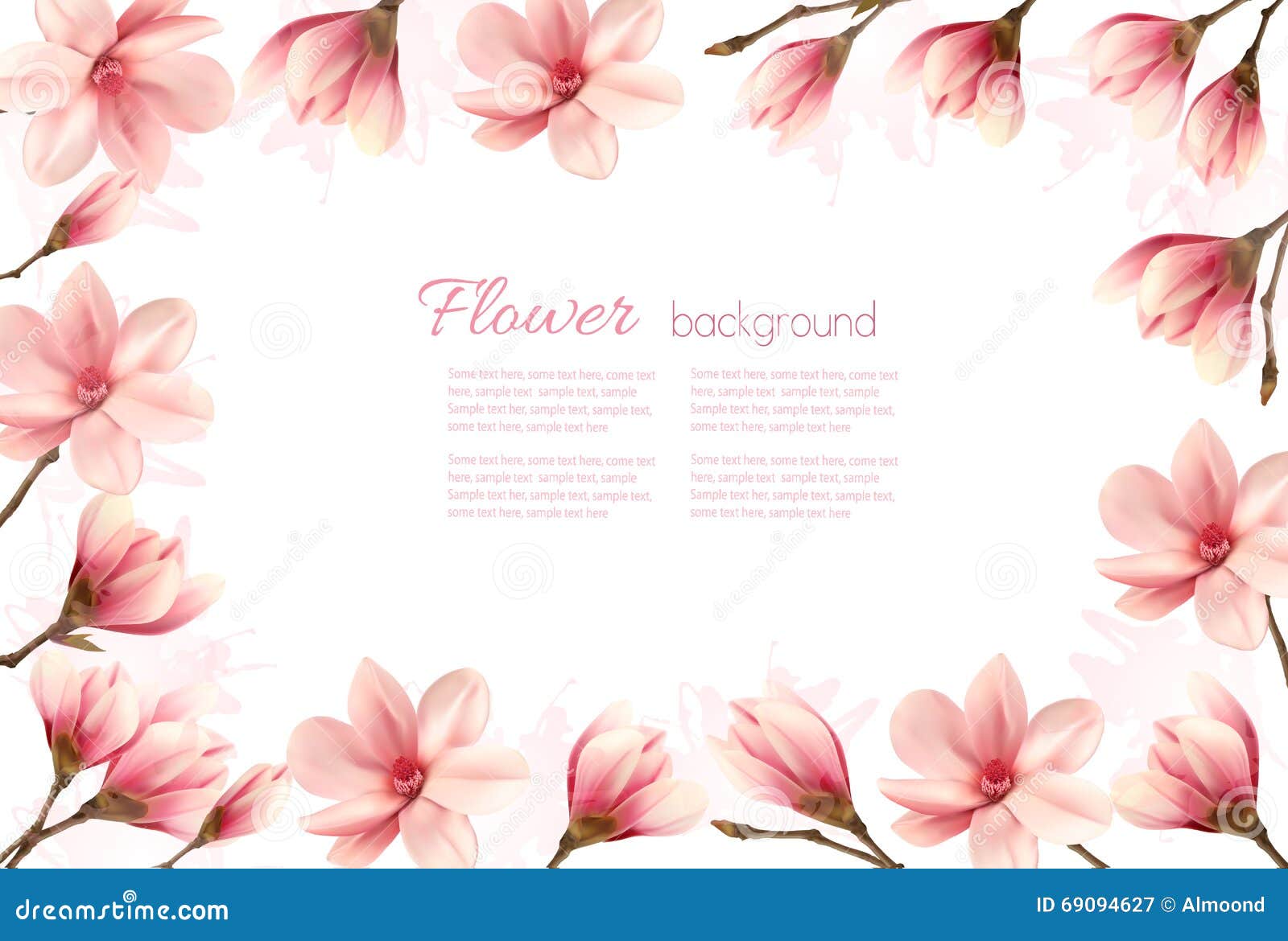 Flower Background with a Border of Pink Magnolia Blossoms. Stock Vector ...