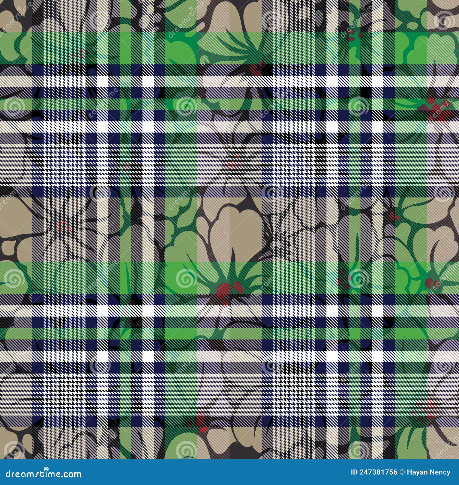 Green Check Seamless Pattern on Flower Background Stock Vector ...