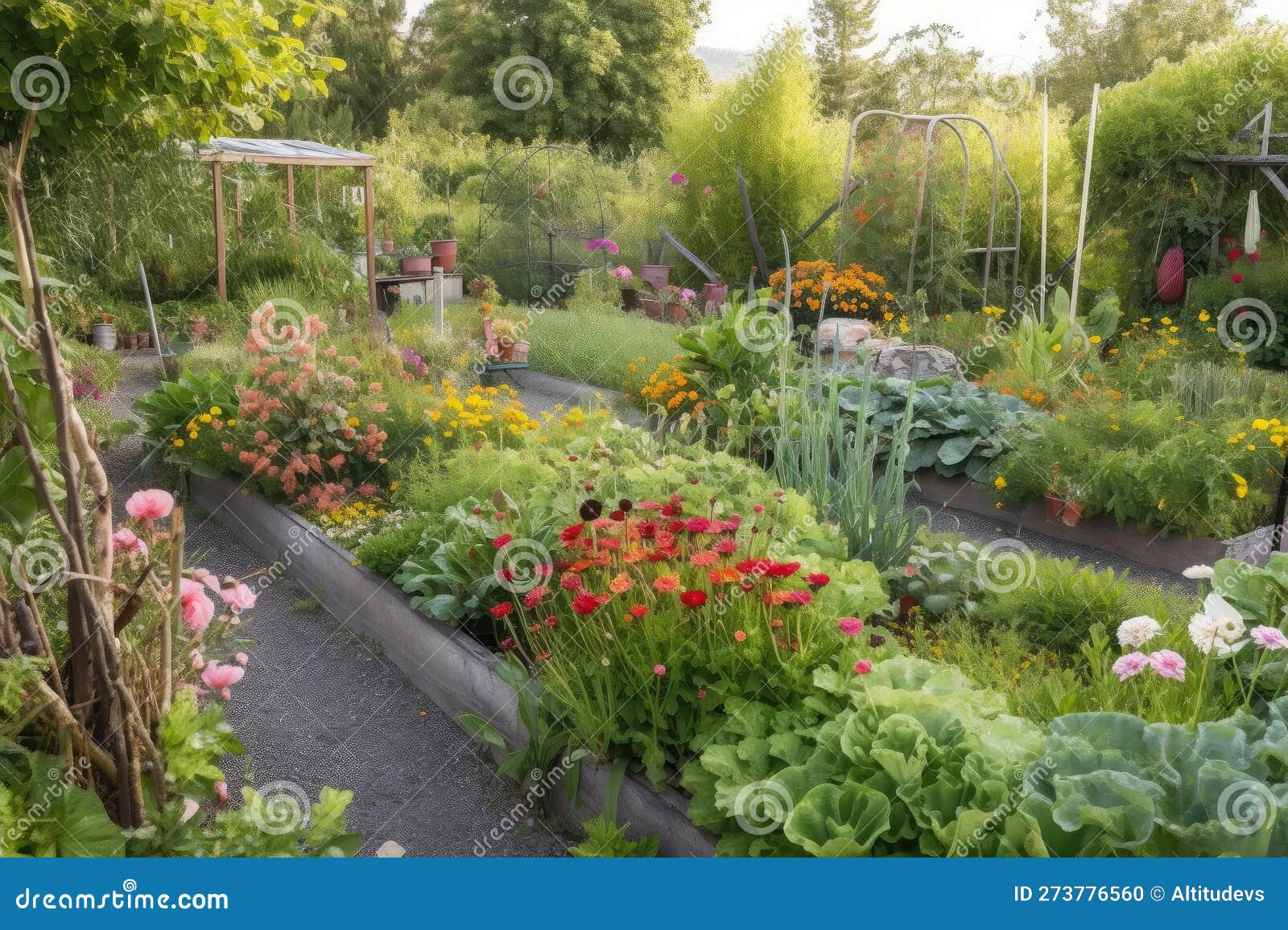 Flower Bed Surrounded by Vegetable Patches and Fruit Trees Stock Photo ...