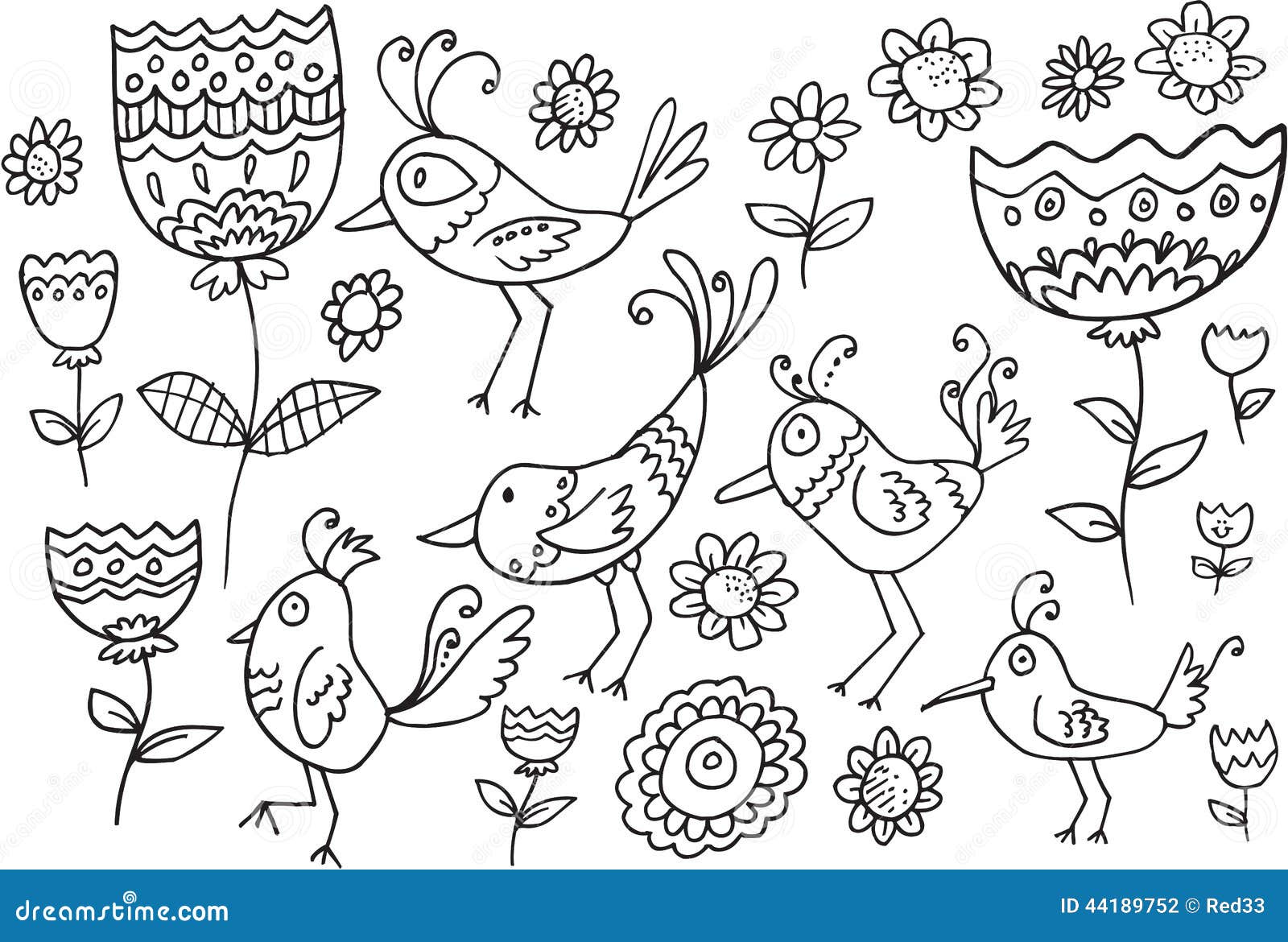 Flower Bird Doodle Set stock vector. Illustration of vector - 44189752