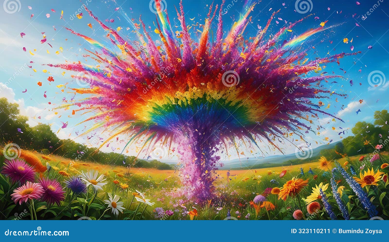 Flower Blast Creates Rainbow Color Patterns. Generative AI. Stock ...