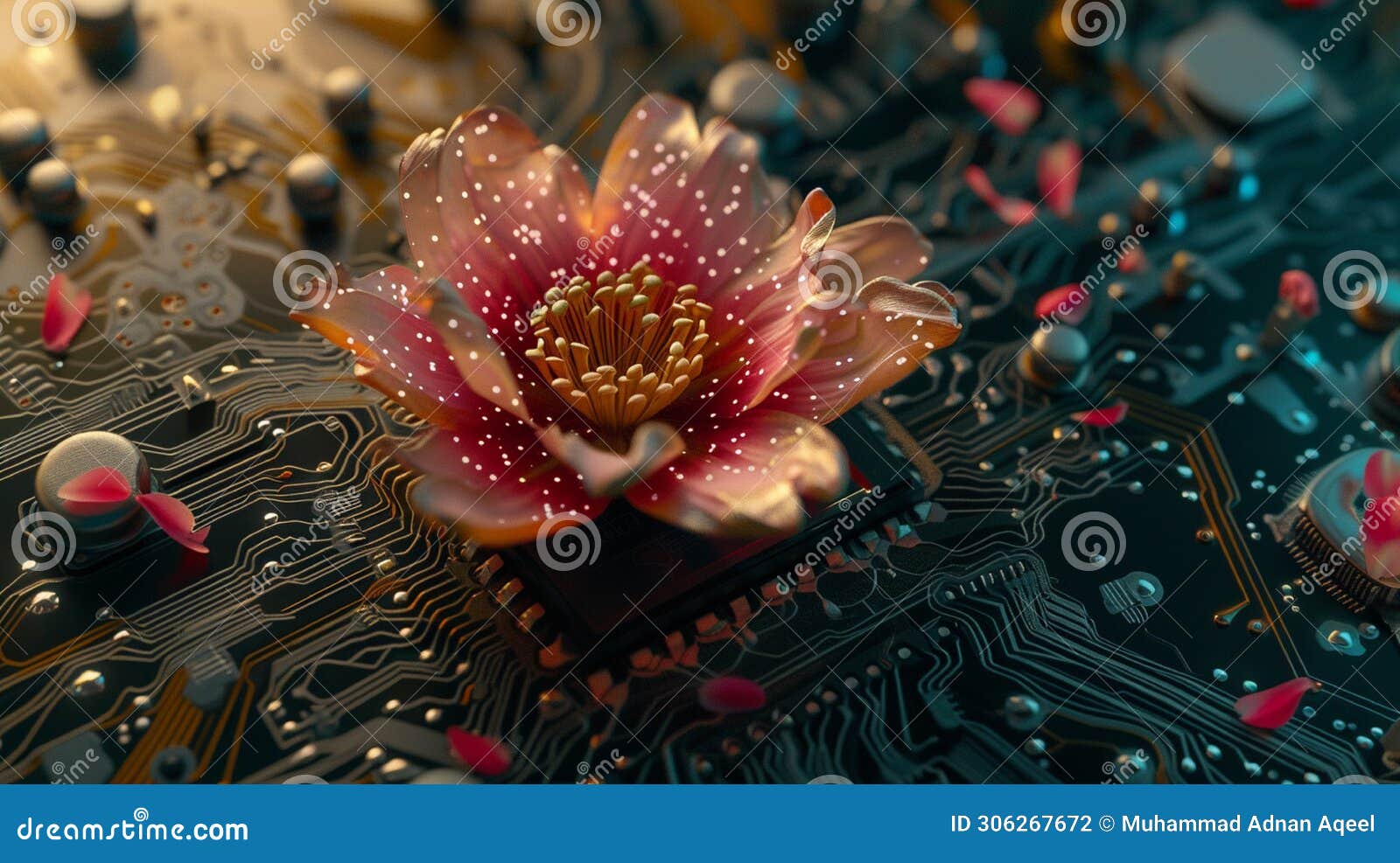 Flower Blooms on Circuit Board. Floral Petals Around Button on Control ...