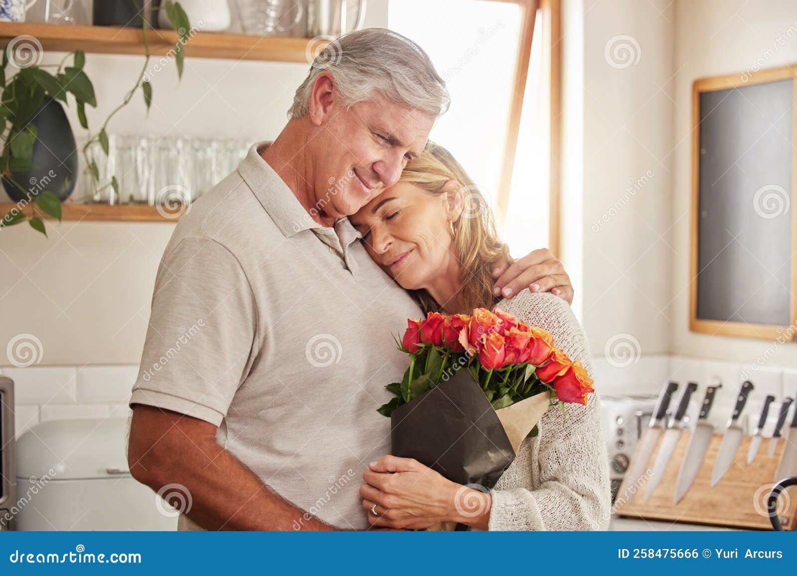 Flower Bouquet Hug And Senior Couple In Celebration Of Love Marriage