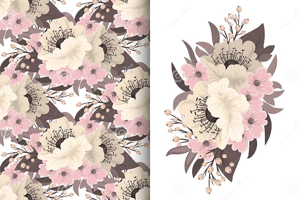 Flower Bouquet with Seamless Pattern. Floral Background Set Stock ...