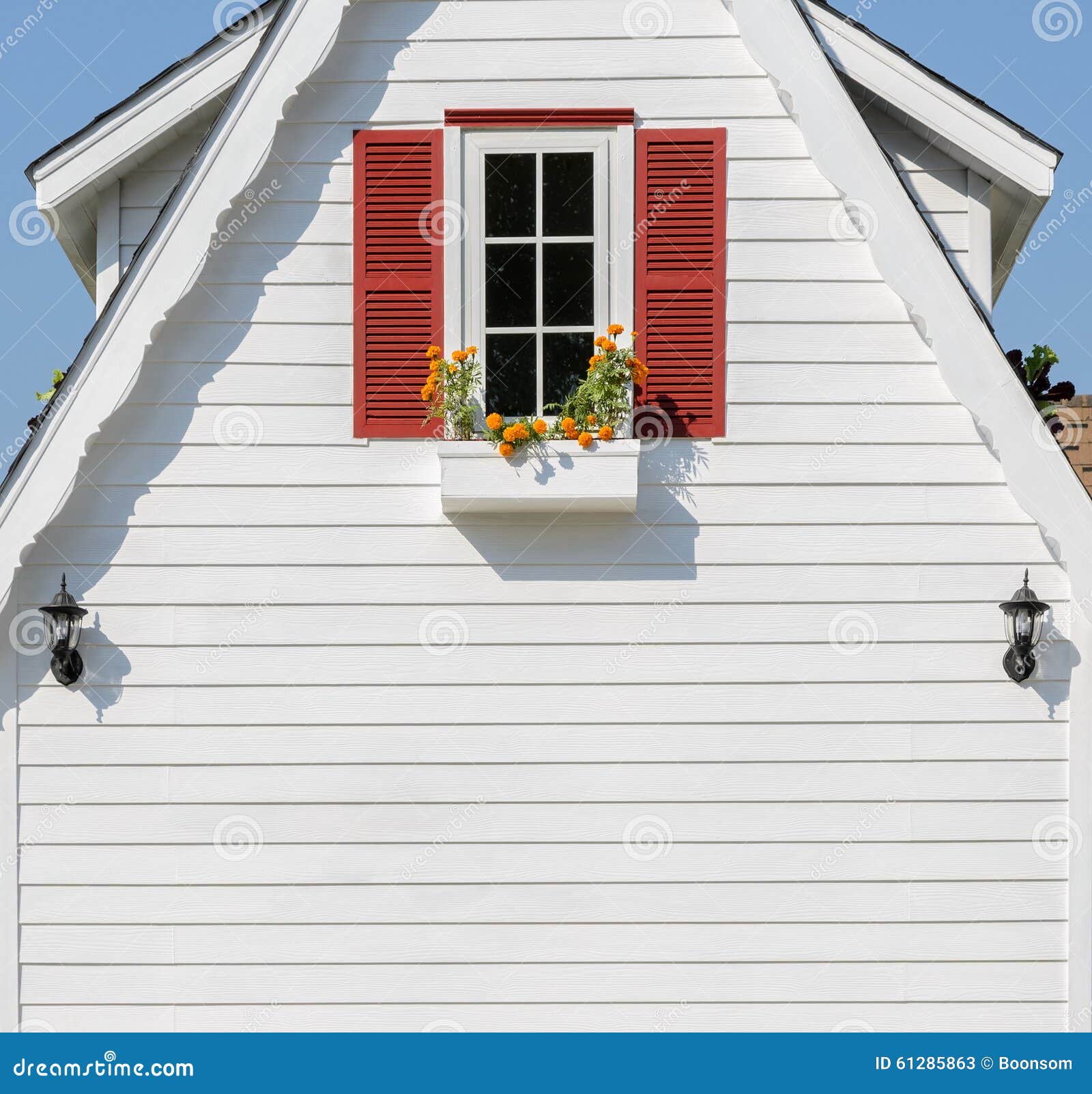 Flower box on white house stock image. Image of exterior - 61285863