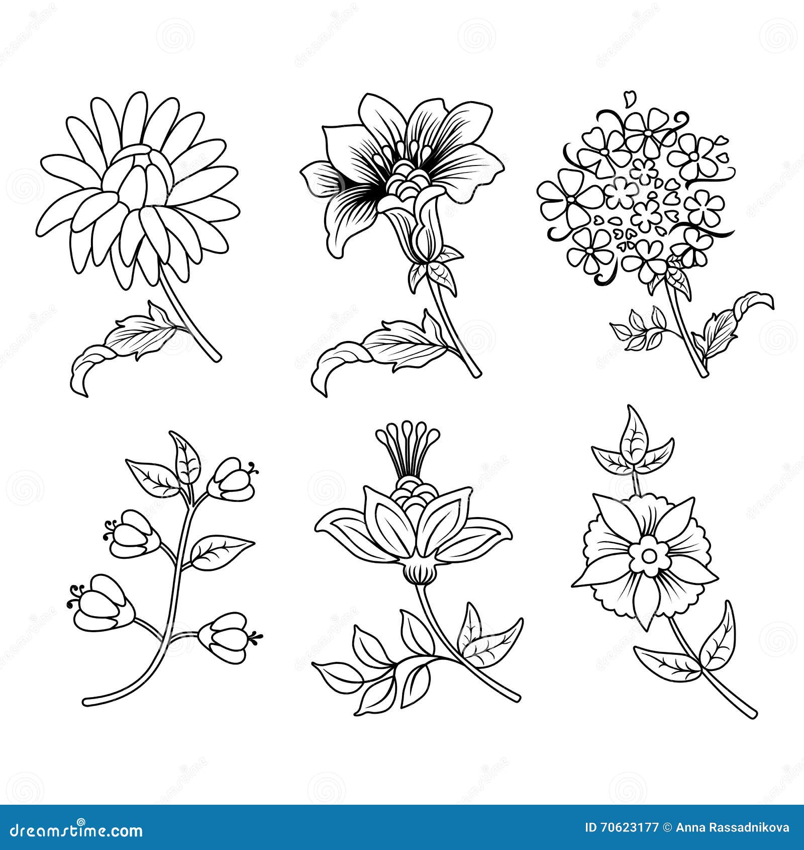 Flower Branches Black Outline Set Stock Vector - Illustration of design ...