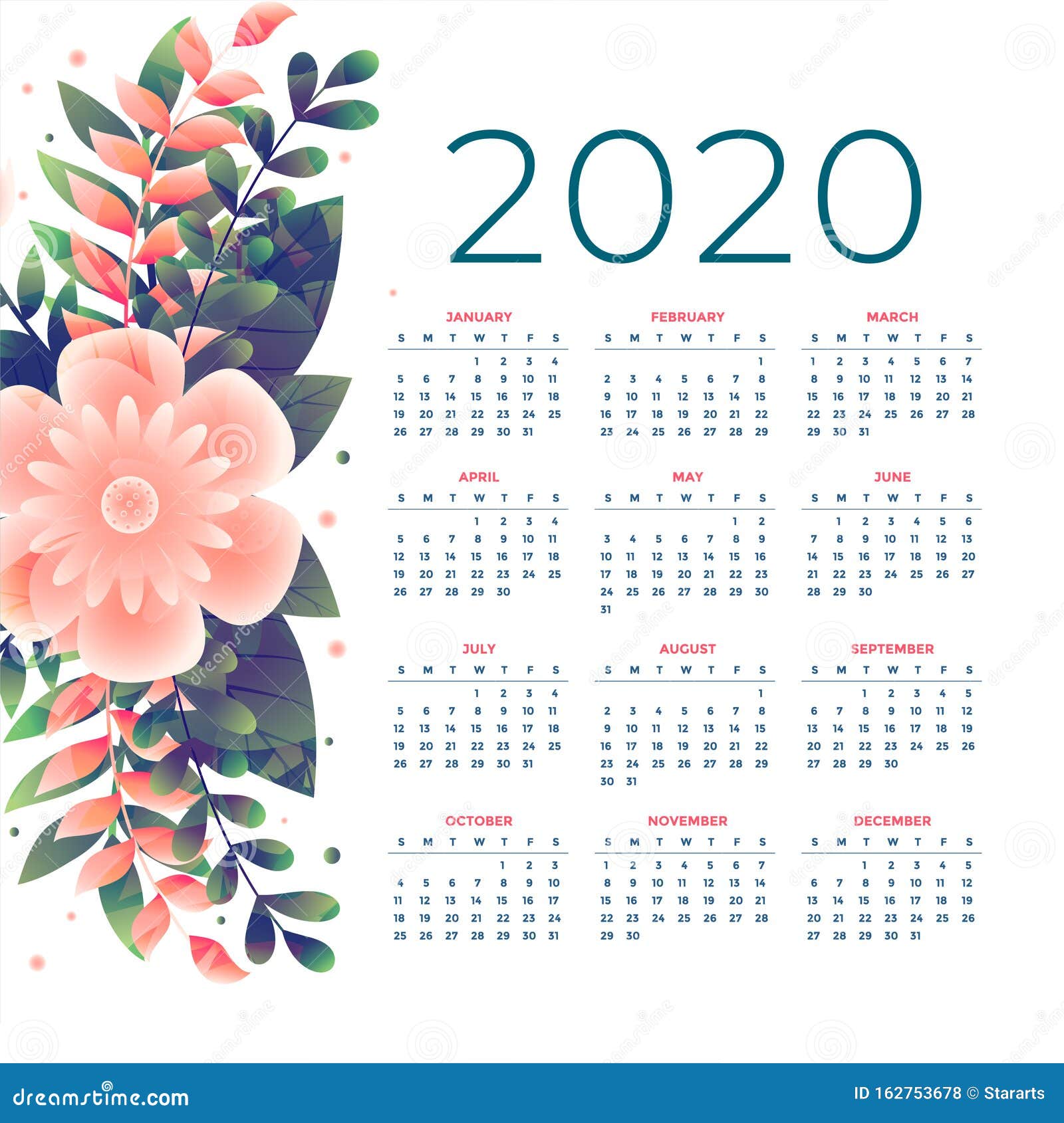 2020 Flower Calendar Design Template Stock Vector - Illustration of ...