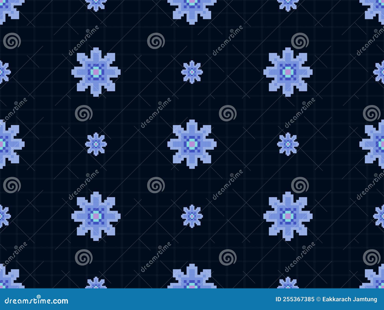 Flower Seamless Pattern on Blue Background. Pixel Style Stock Vector ...