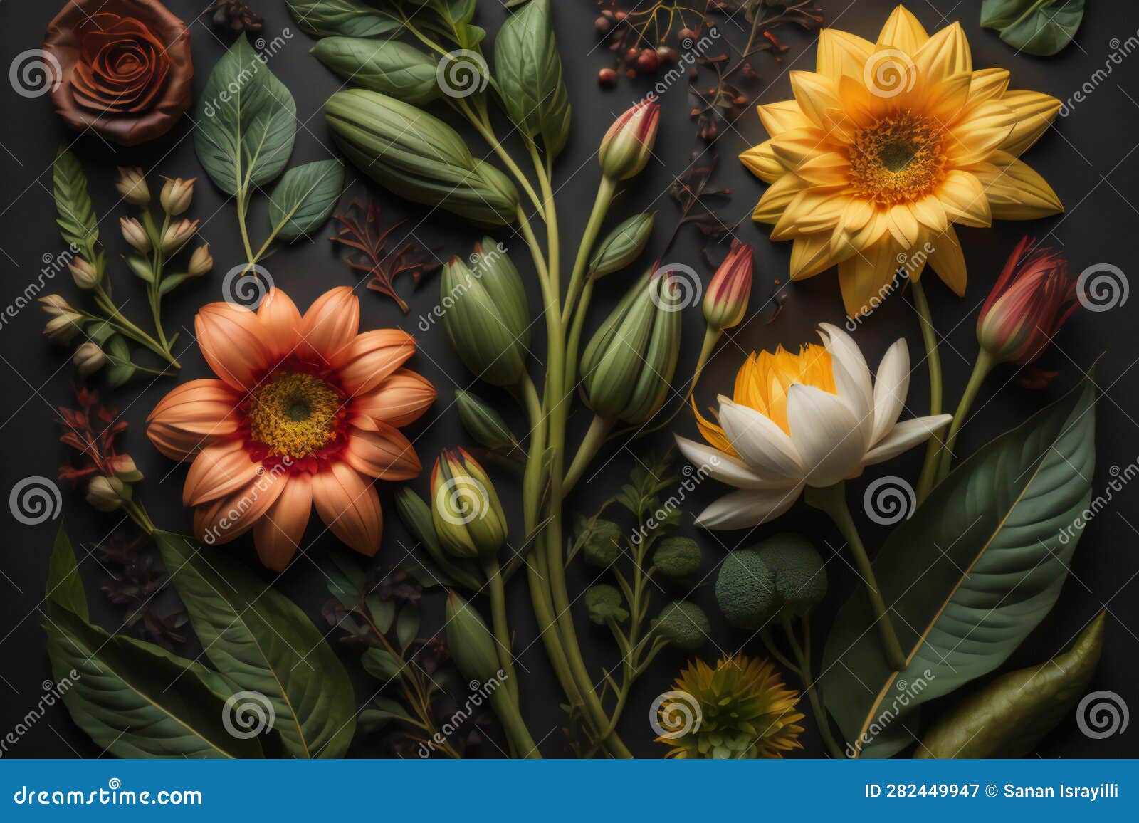 Flower Composition on Black Background. Flat Lay, Top View Stock ...