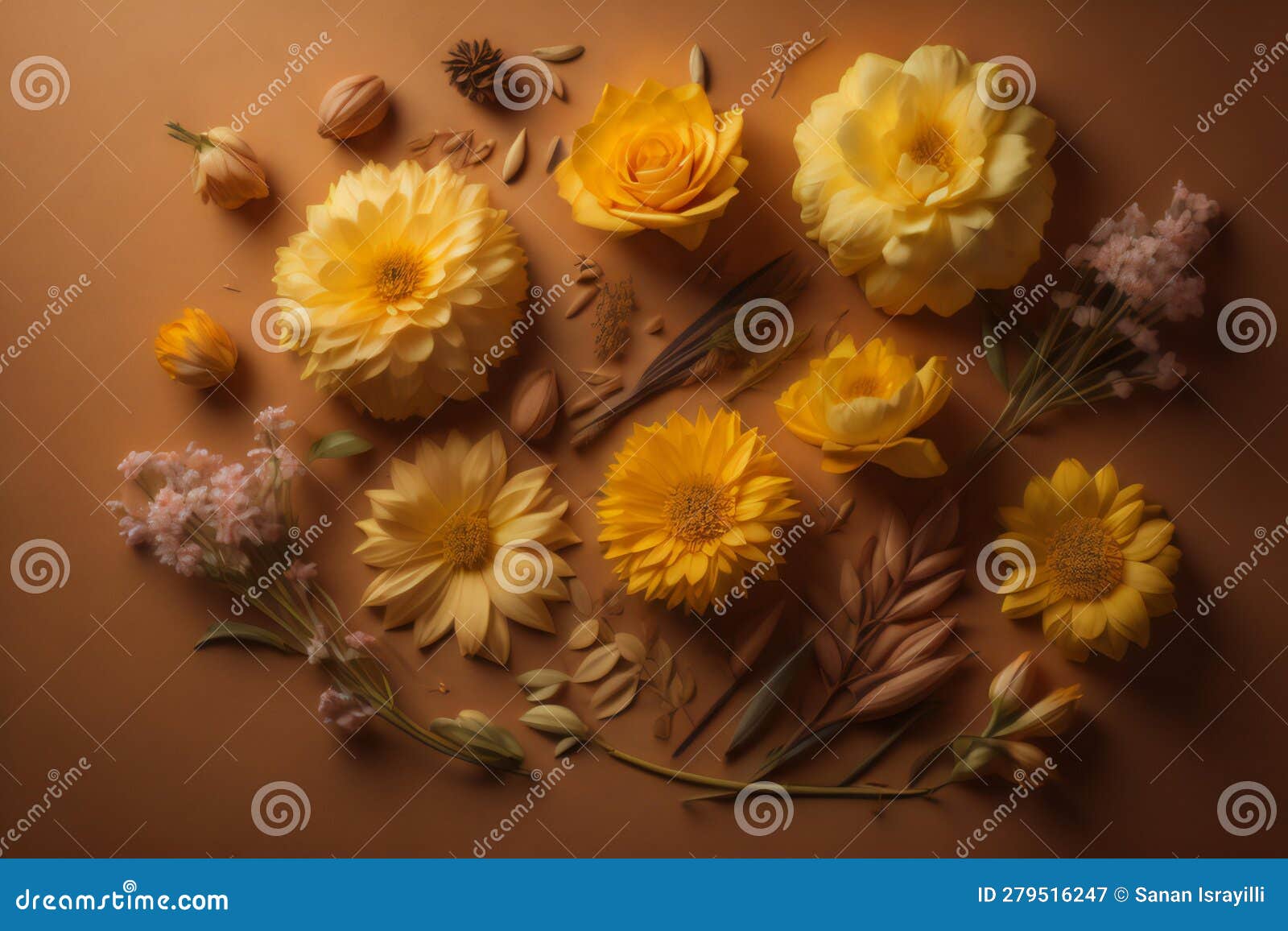 Flower Composition on Brown Background. Flat Lay, Top View Stock ...