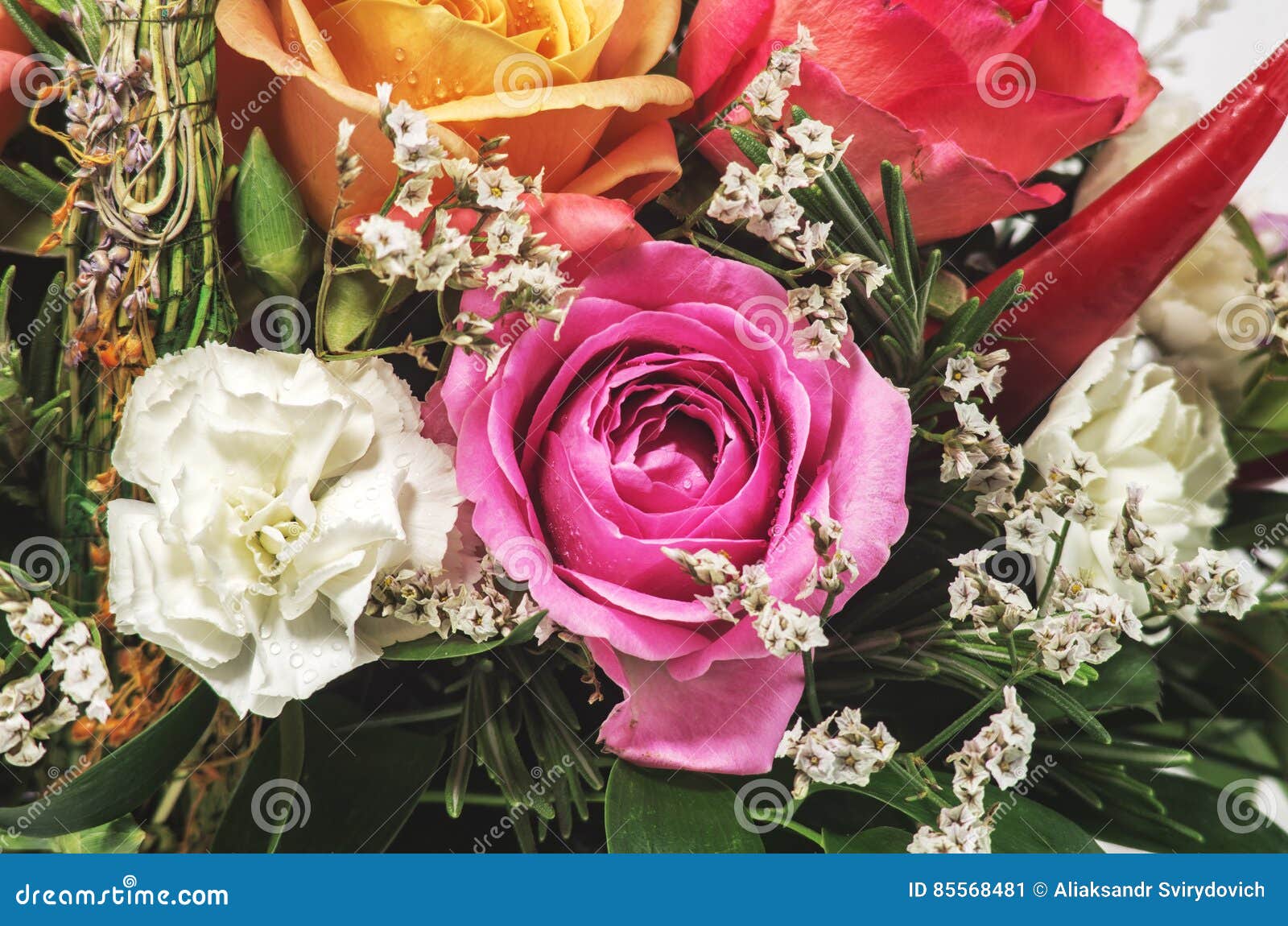 Flower Composition with Pink Rose and Red Pepper Stock Image - Image of ...