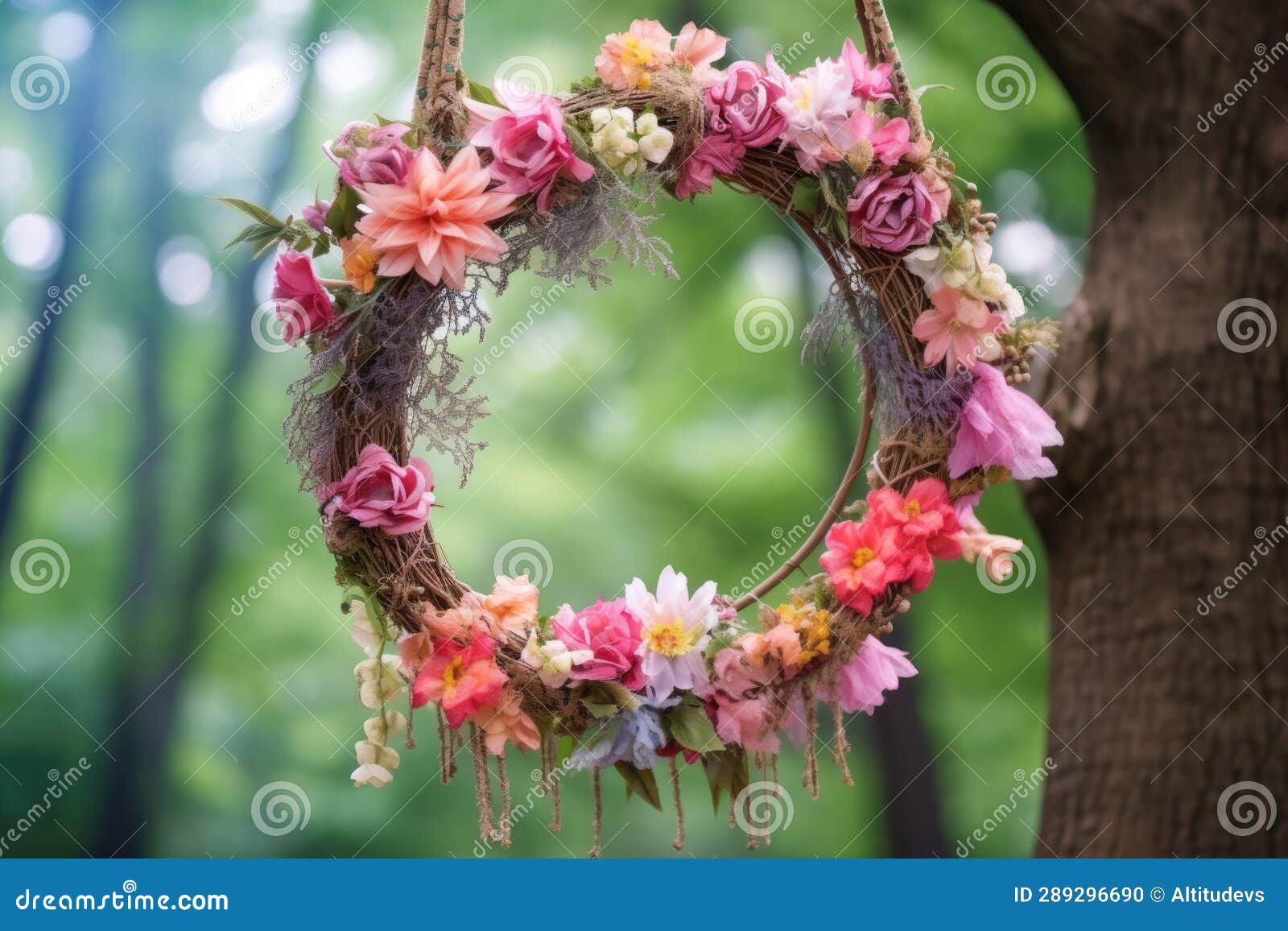 Flower Crown Hanging from a Tree Branch in a Garden Stock Photo - Image ...
