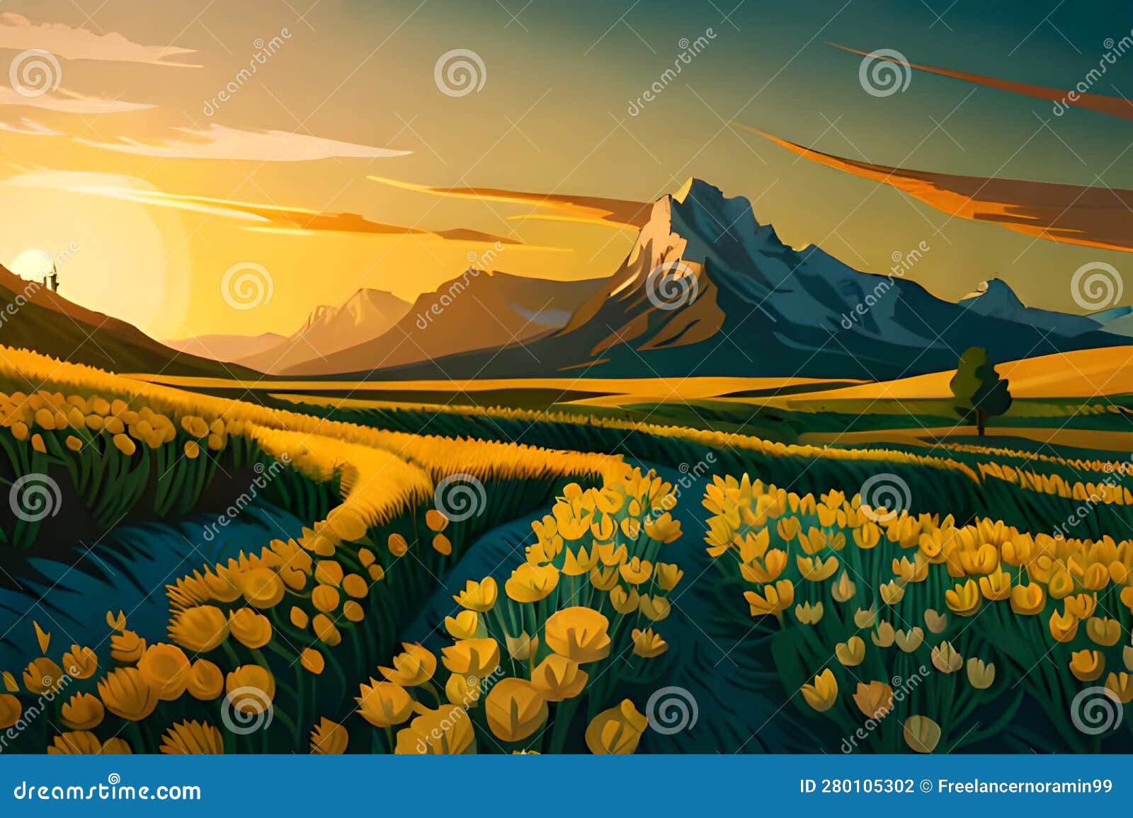Flower Field in the Mountains at Sunset, Vector Illustration, Beautiful ...
