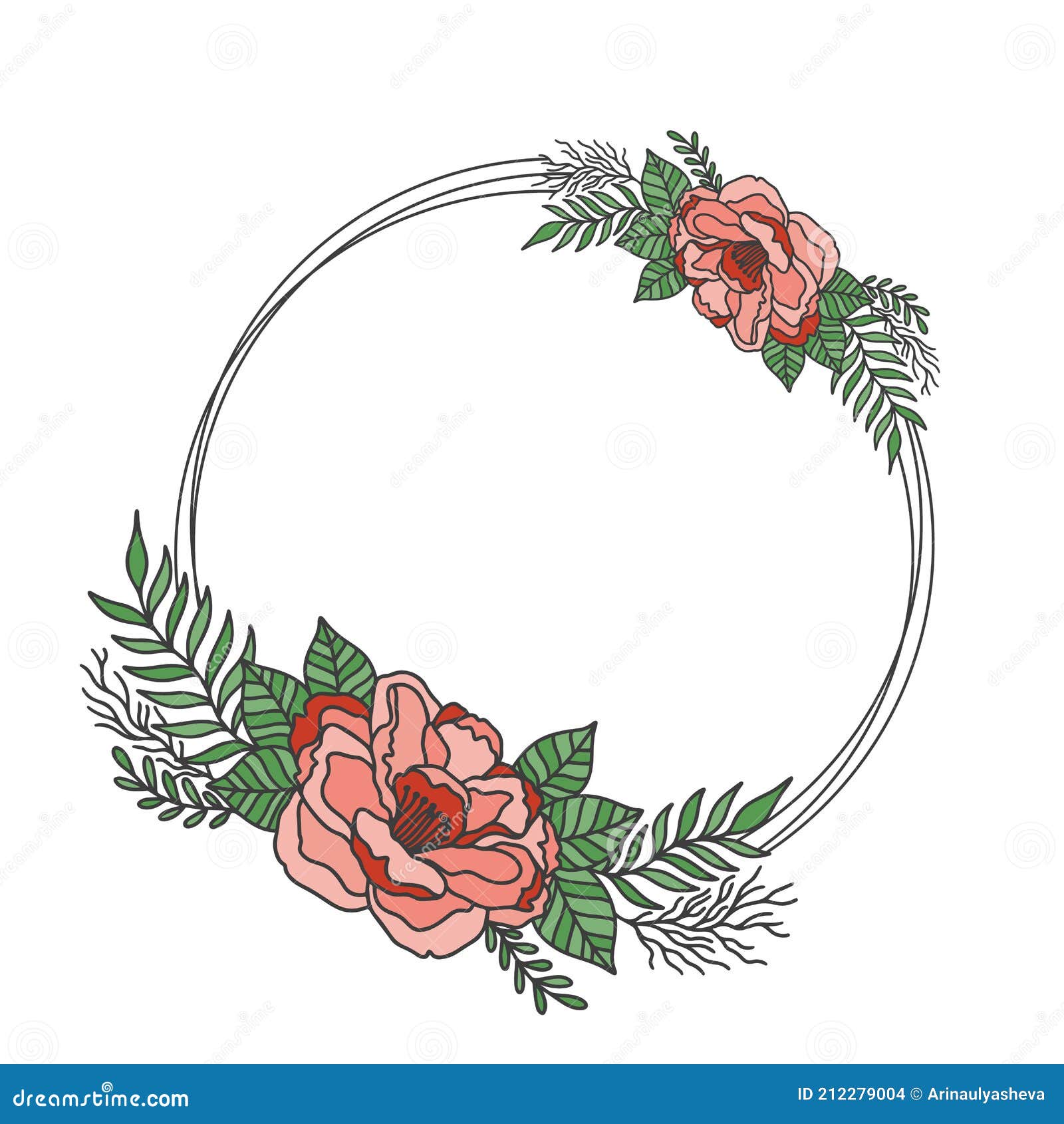 Flower Frame Double Round.Floral Circle Border Botanical Drawing Style ...