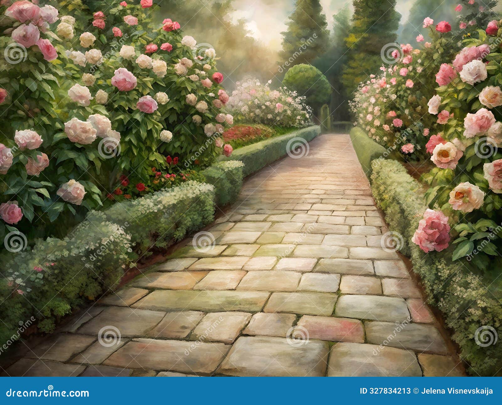 Flower garden path stock illustration. Illustration of plants - 327834213