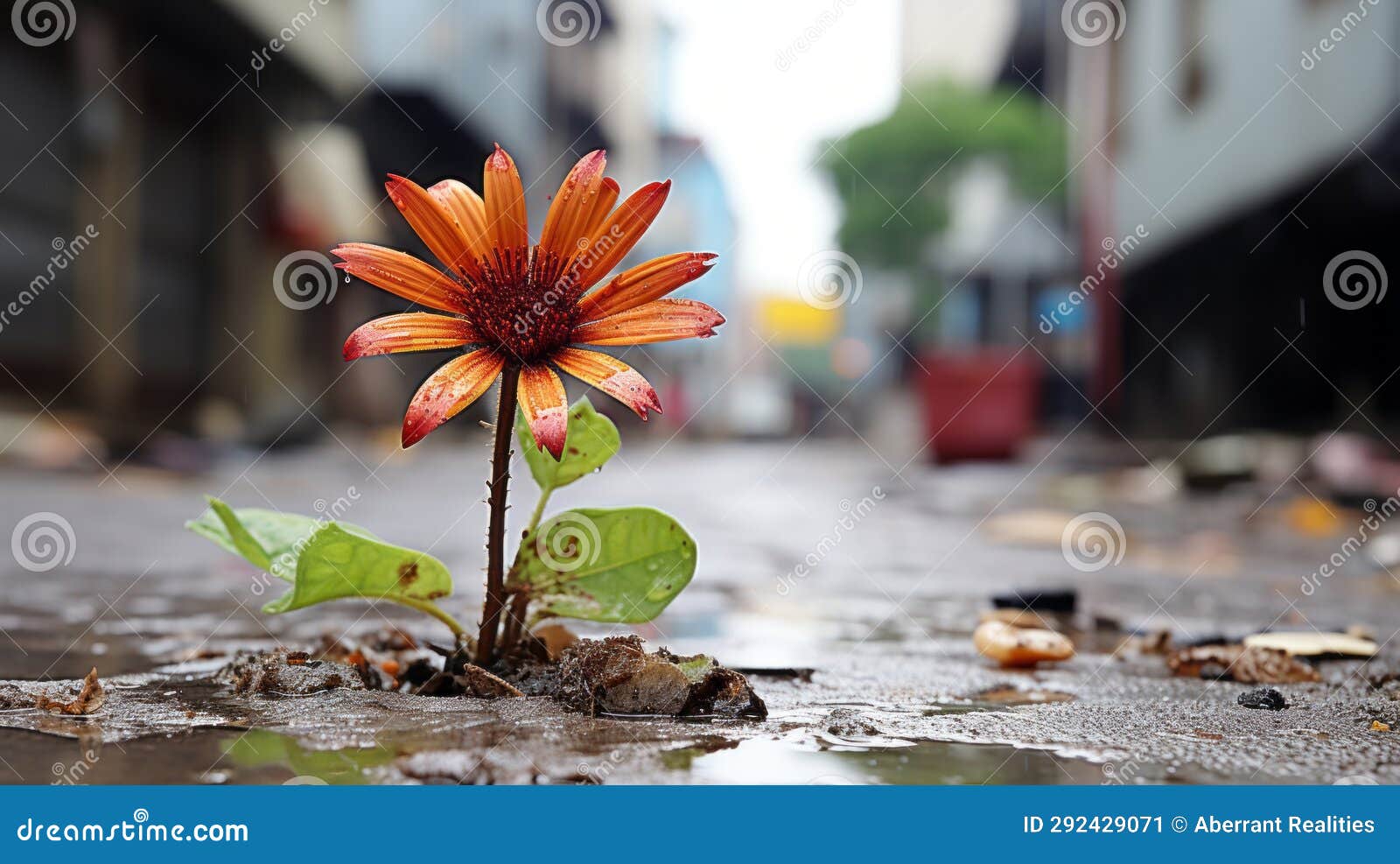 A Flower Growing Out of a Puddle in the Middle of a Street Stock ...
