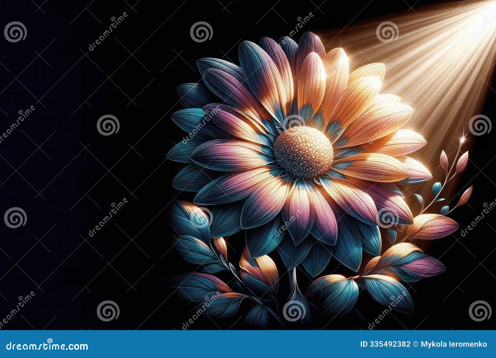 A Flower Illuminated by a Bright Beam of Light in the Dark. Space for ...