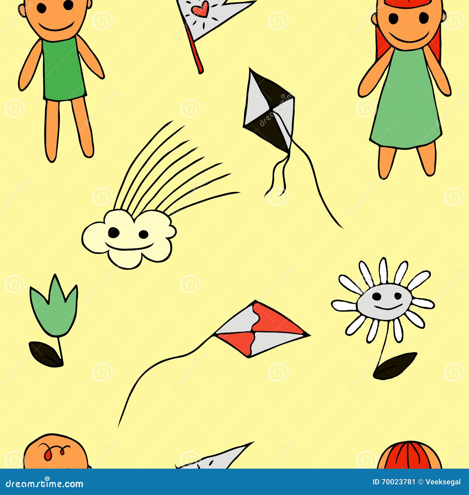 Flower, Kite Flying, Cloud, Boy, Girl3 Stock Illustration ...