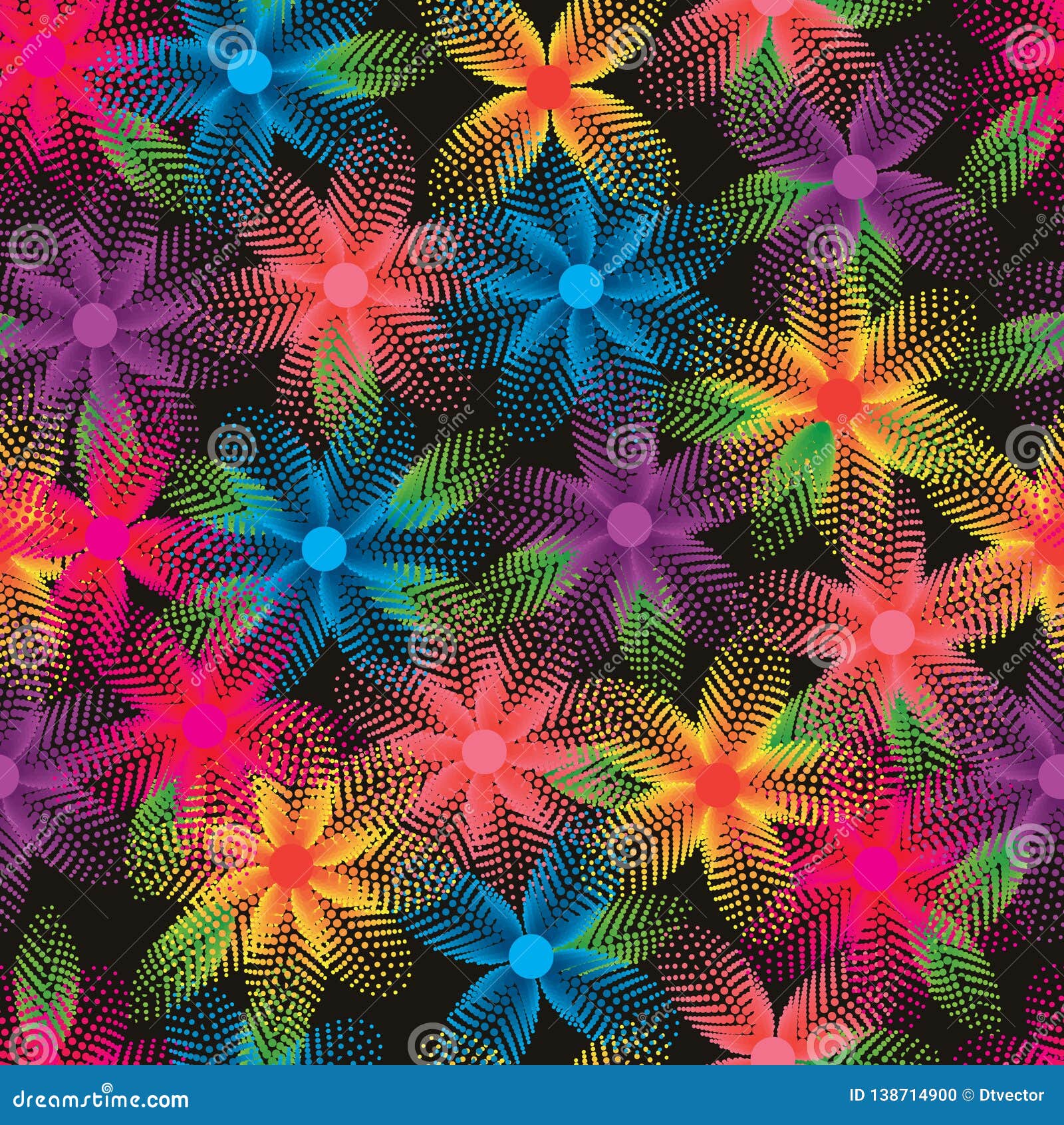 Flower Leaf Dot Halftone Colorful Dark Seamless Pattern Stock Vector ...