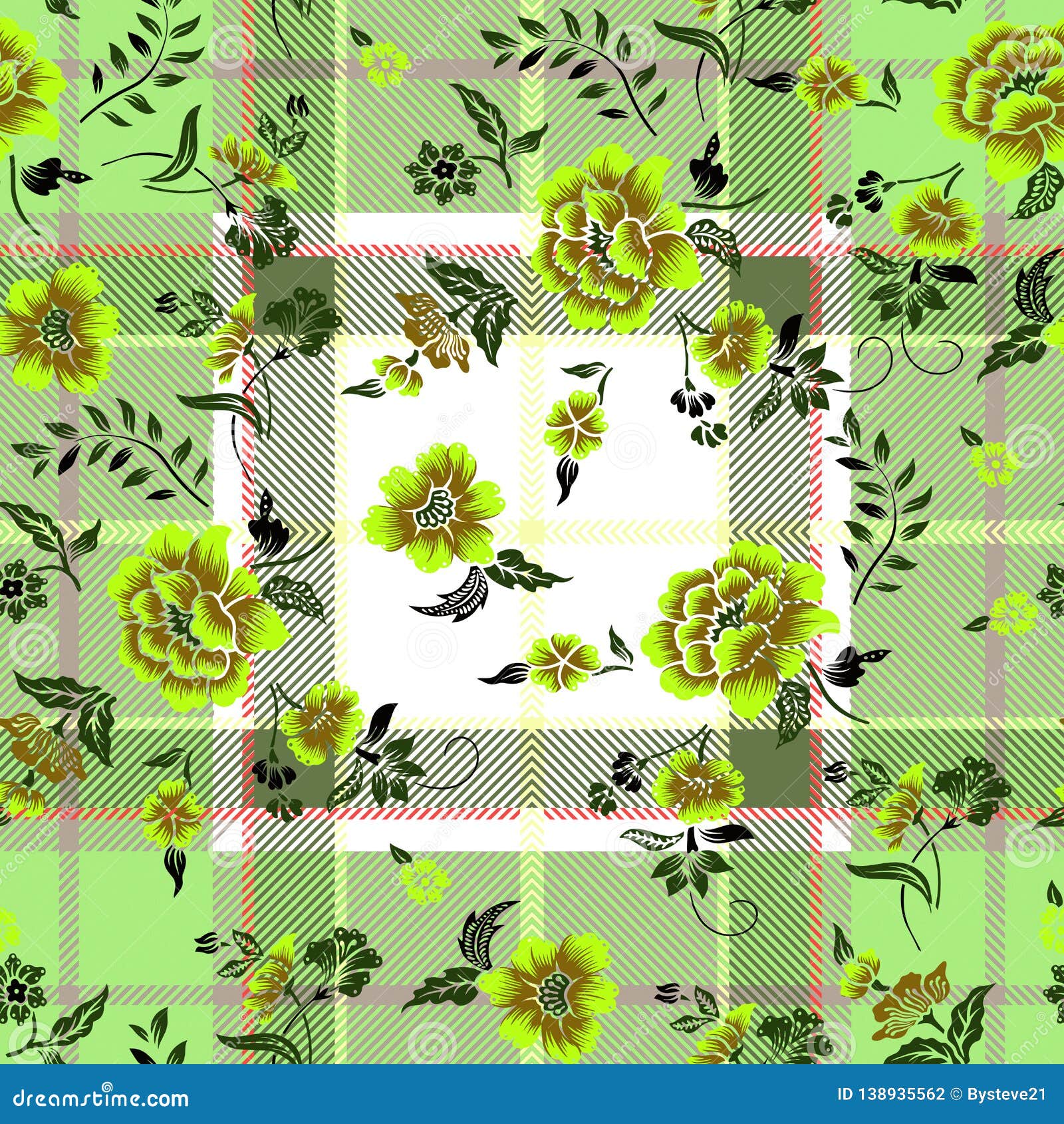 Flower with Leaf Pattern Green Plaid Background Stock Illustration ...