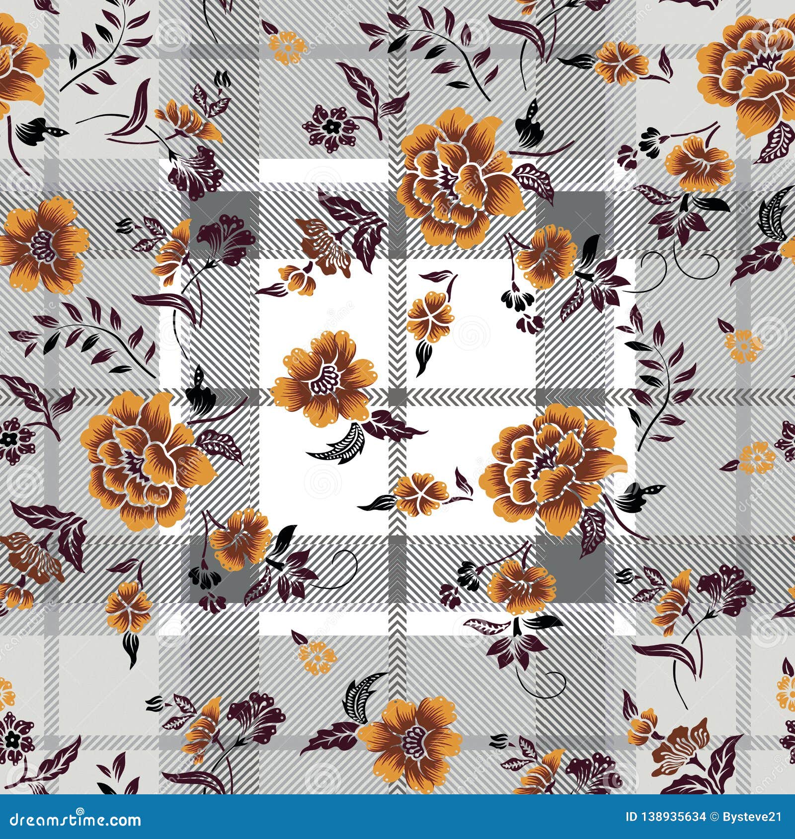 Flower with Leaf Pattern Grey Plaid Background Stock Illustration ...