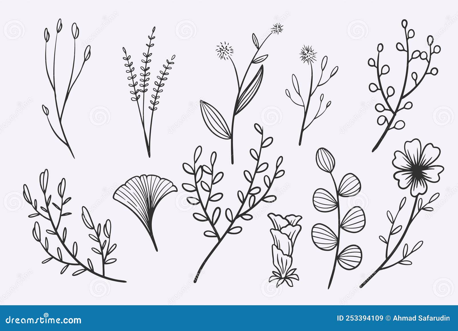 Flower Leaves Doodle Hand Drawn Vector Illustration Set Stock ...