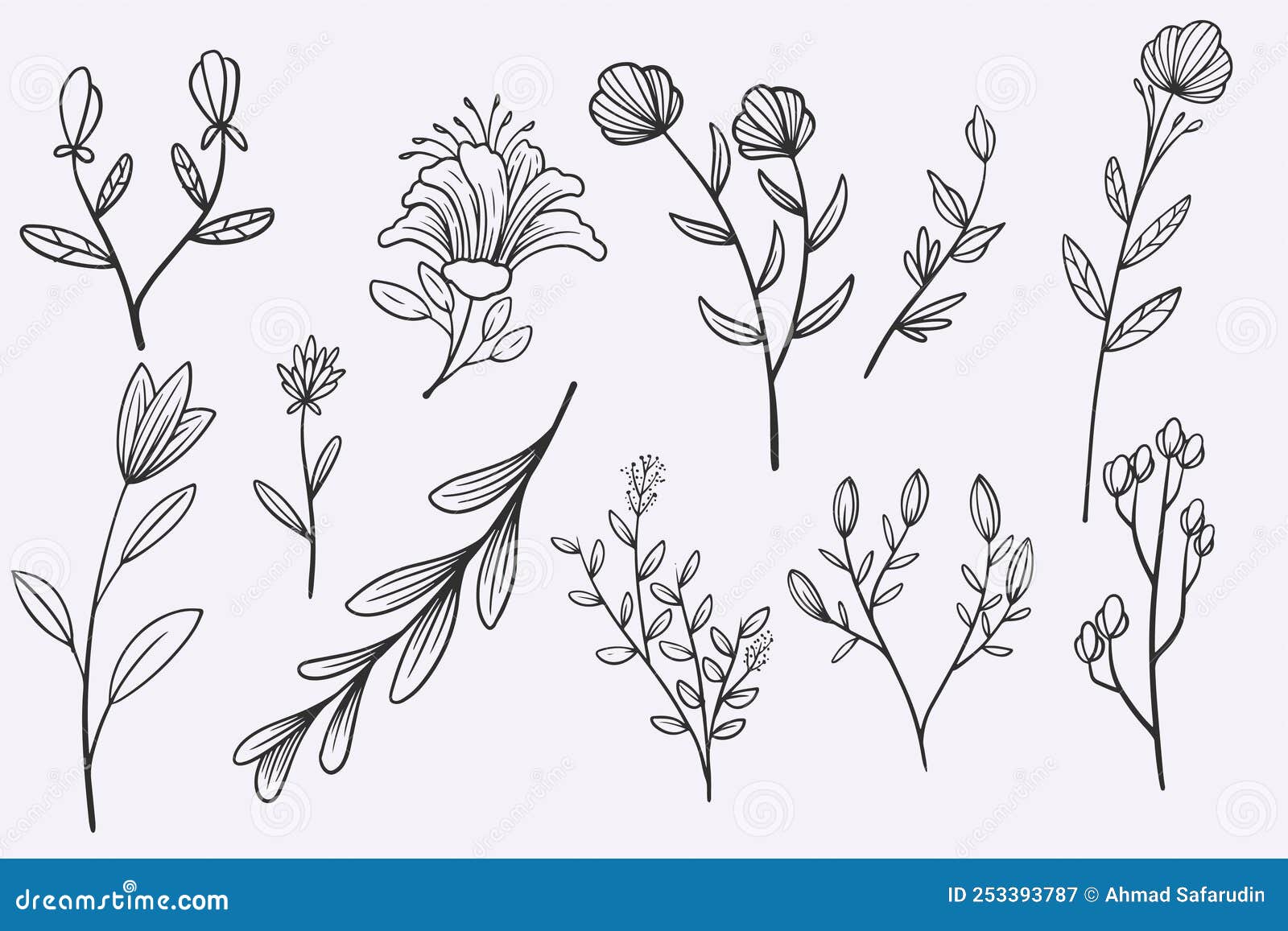 Flower Leaves Doodle Hand Drawn Vector Illustration Set Stock