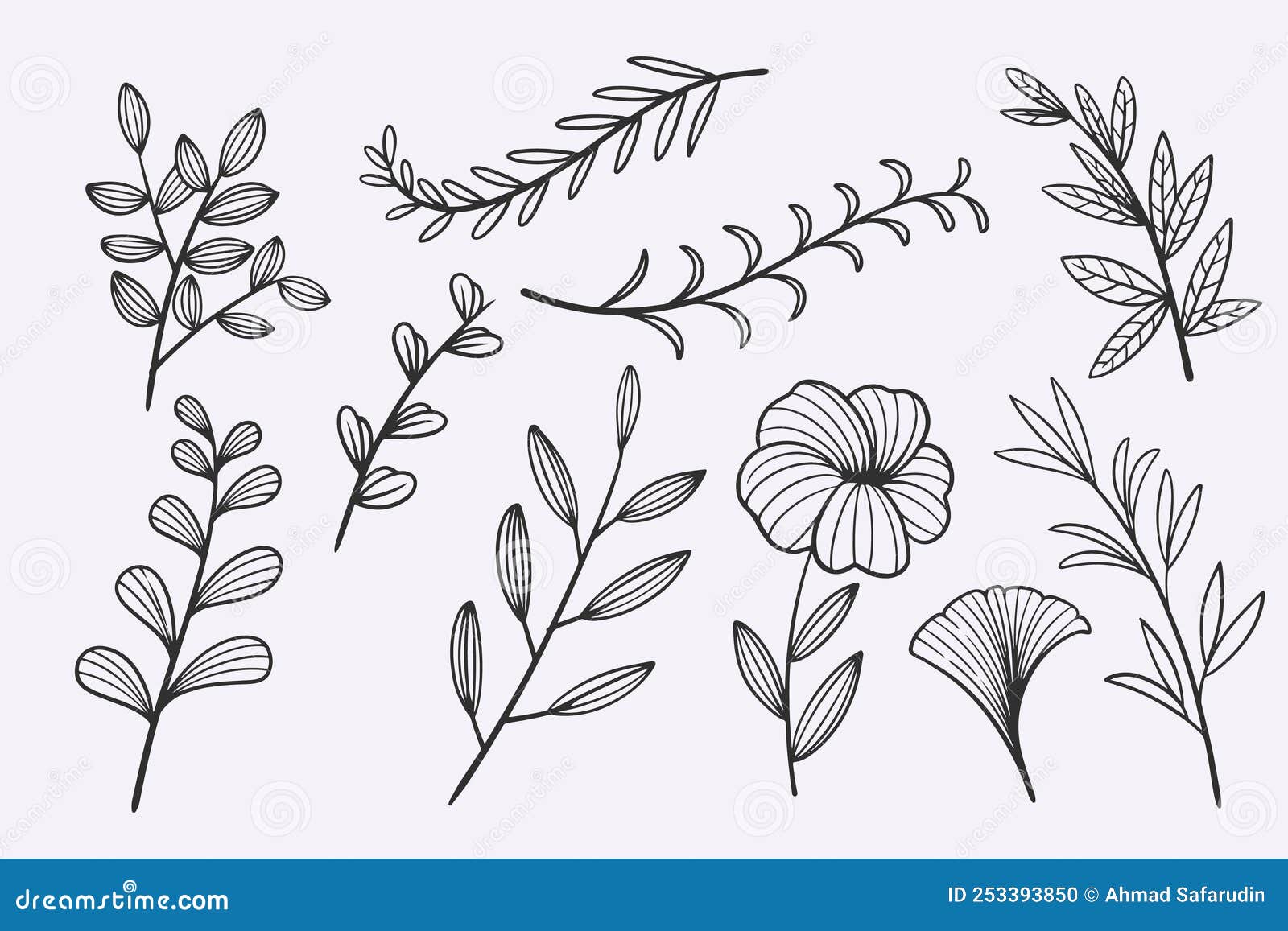 Flower Leaves Doodle Hand Drawn Vector Illustration Set Stock