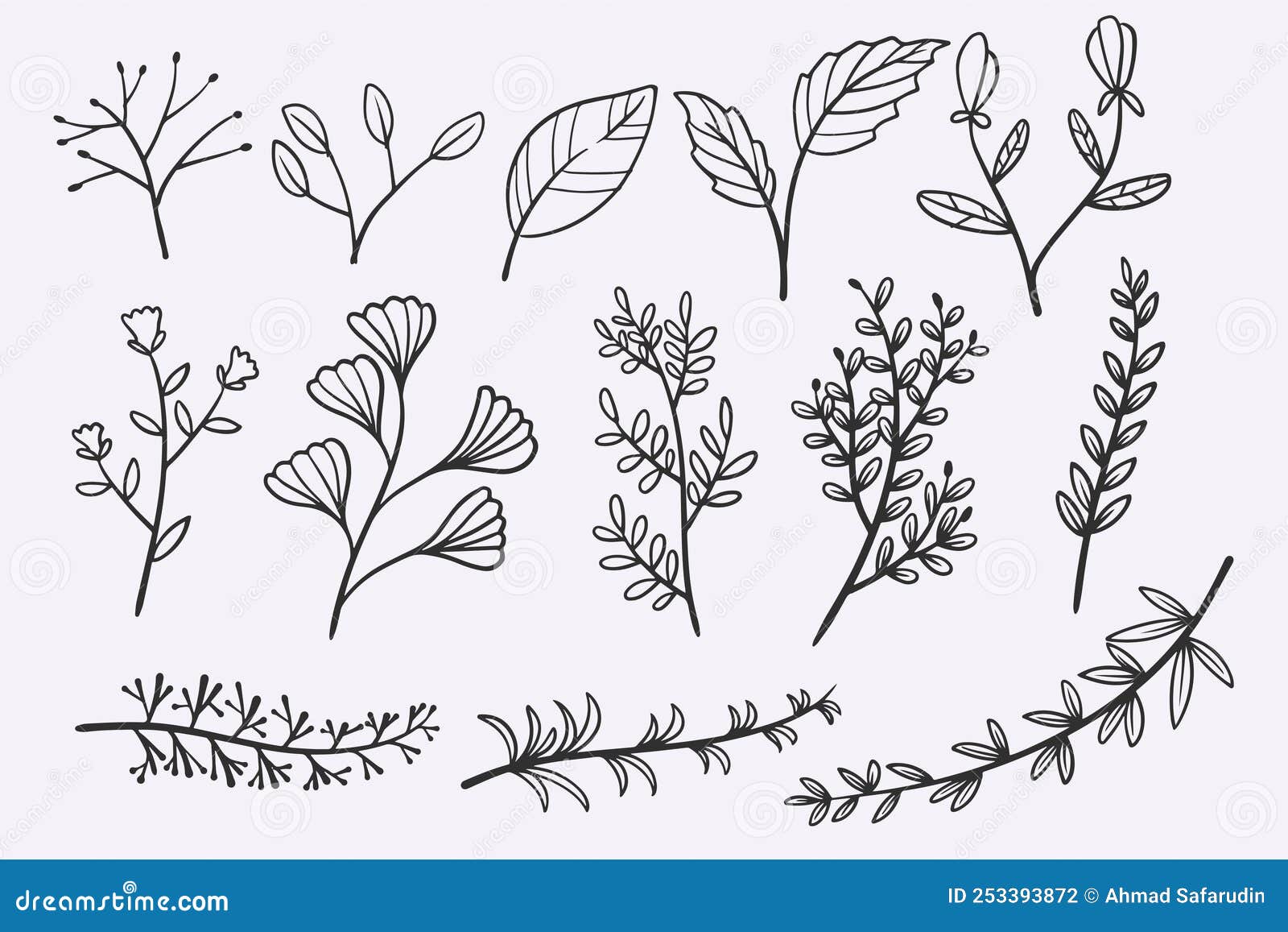 Flower Leaves Doodle Hand Drawn Vector Illustration Set Stock