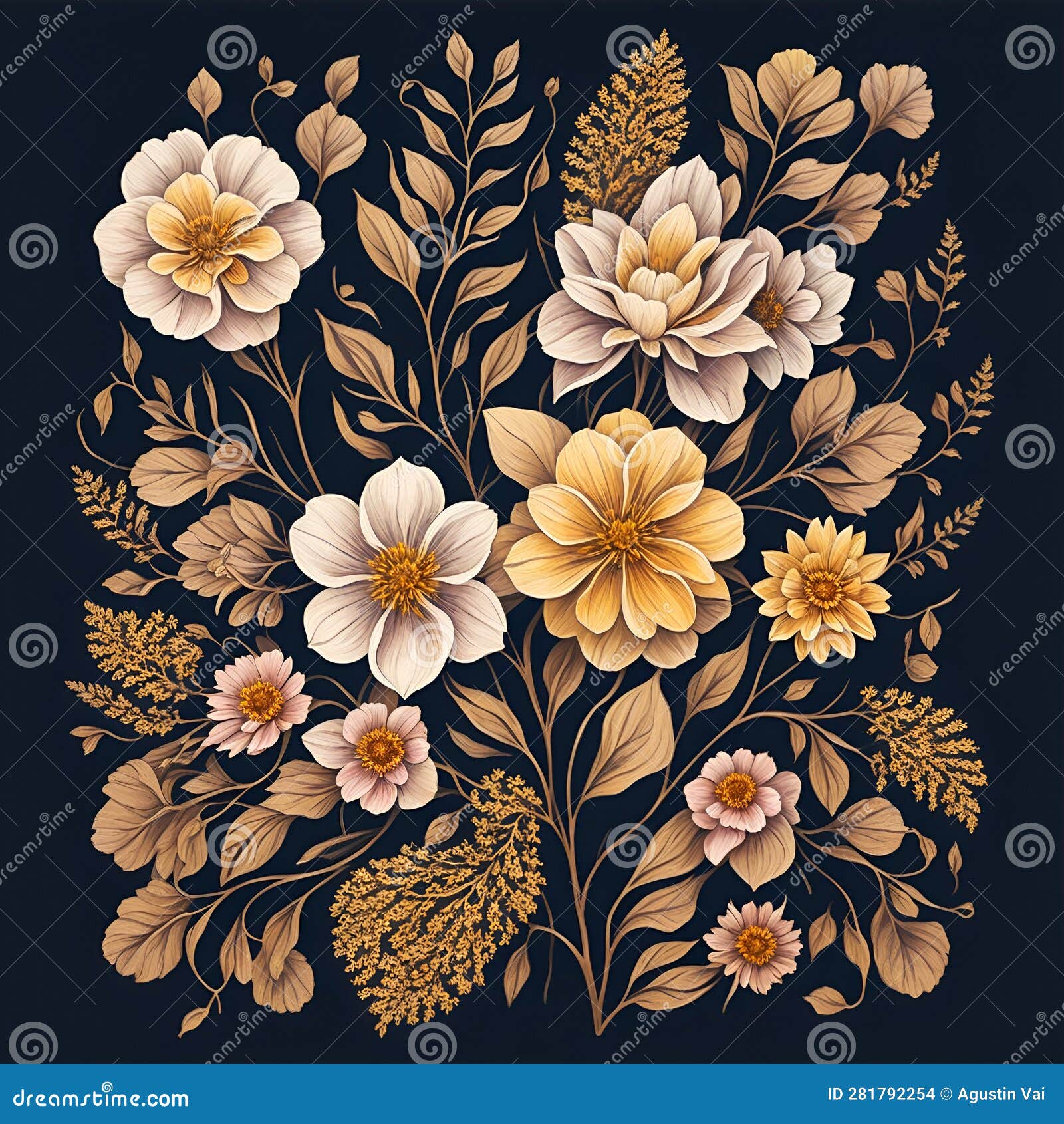 Flowers and Leaves Patern on a Dark Background Stock Illustration ...