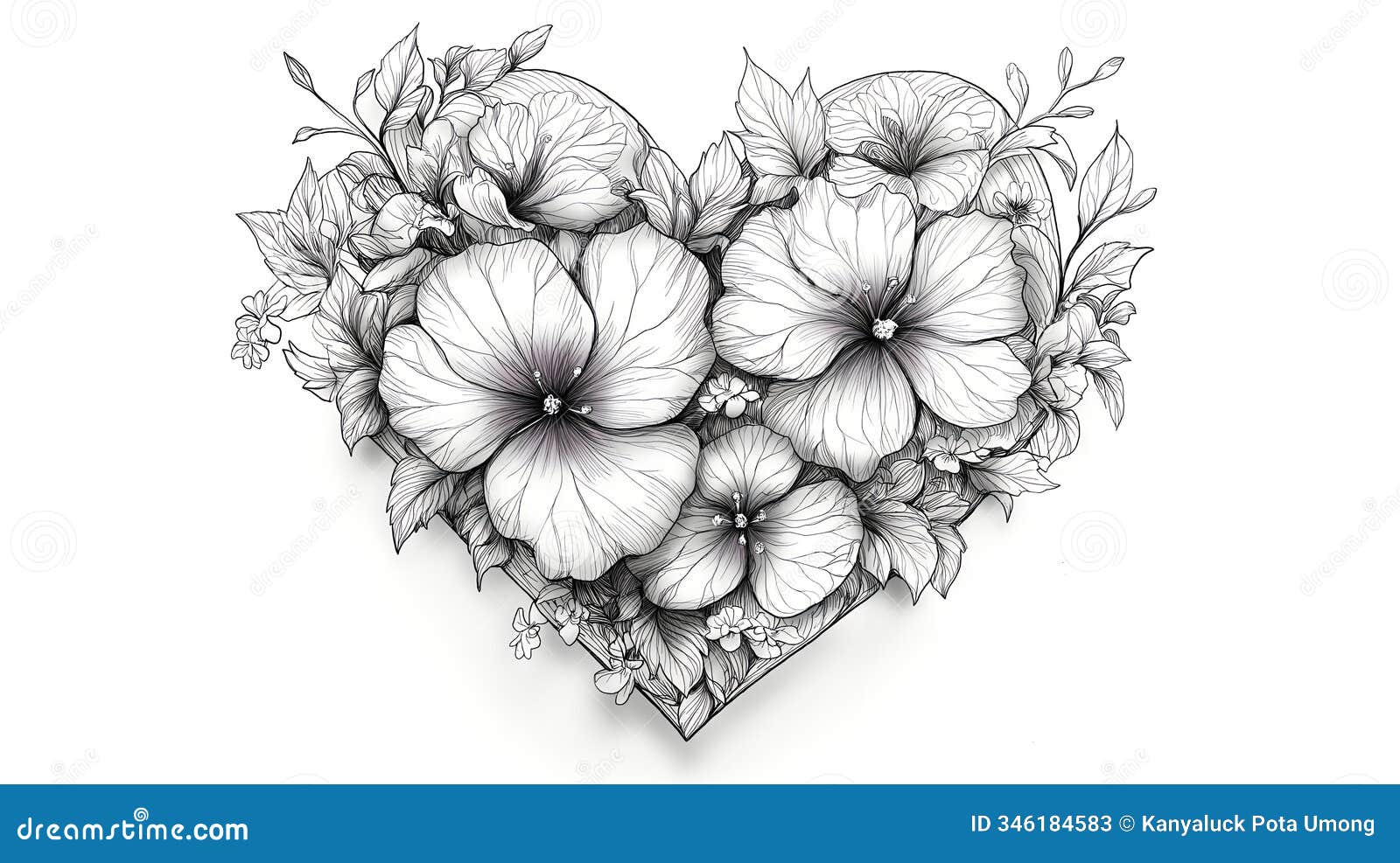 Flower Line Drawing in a Heart Frame, Coloring Page Stock Illustration ...