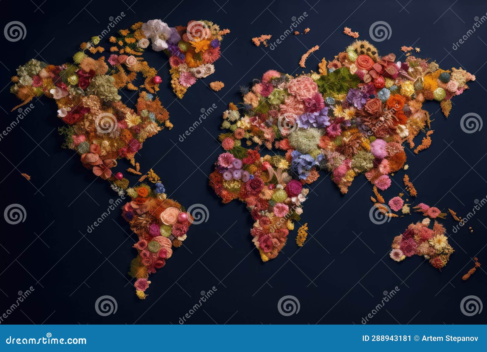 Flower Map, a World Map Made of Flowers, Abstract Generative AI ...