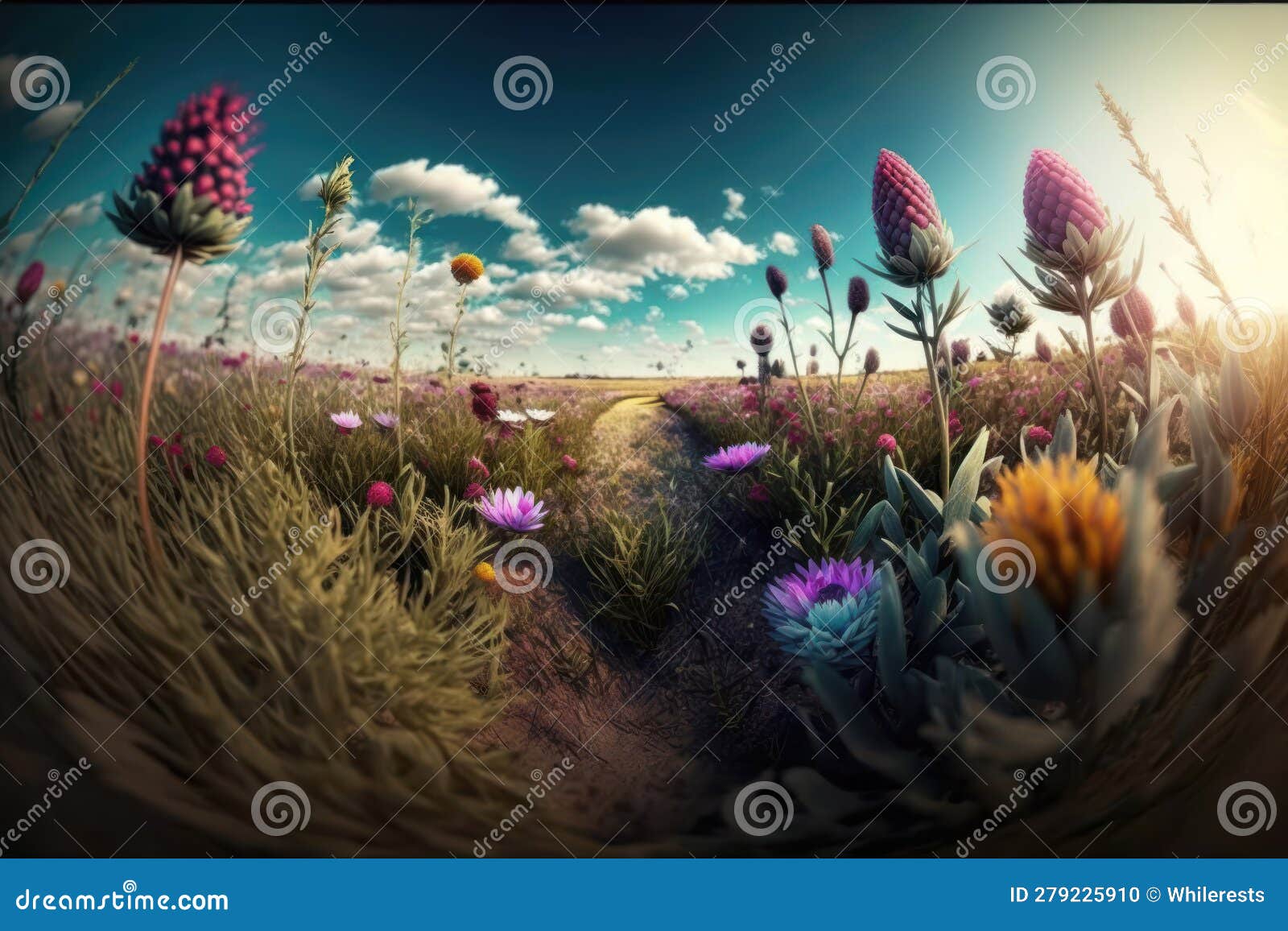 Flower Meadow in a Fantasy Landscape Stock Photo - Image of bloom ...