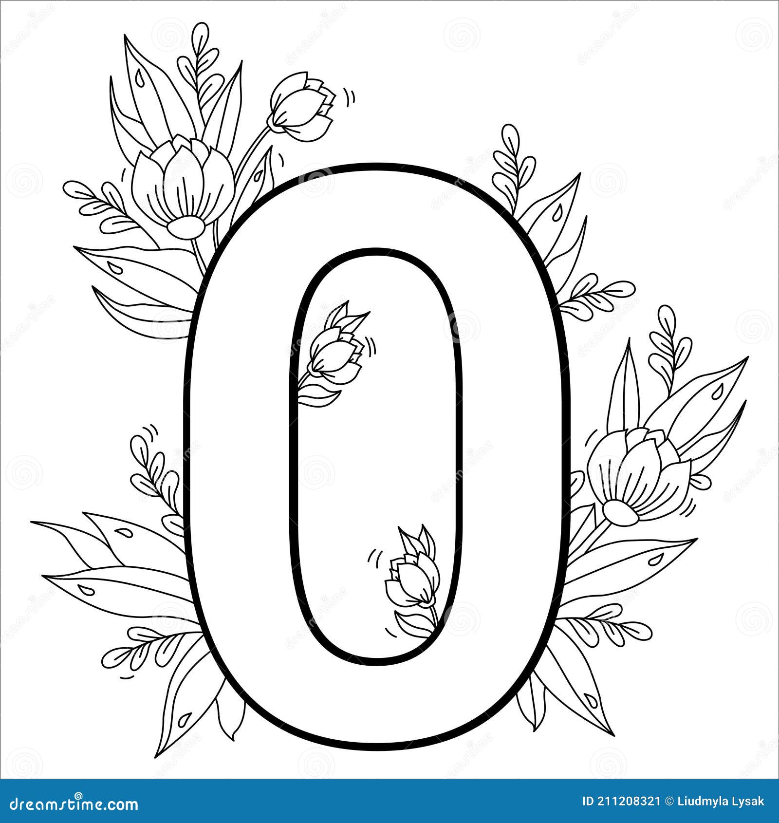 Flower Number Zero. Decorative Pattern 0 with Flowers, Tulips, Buds and ...