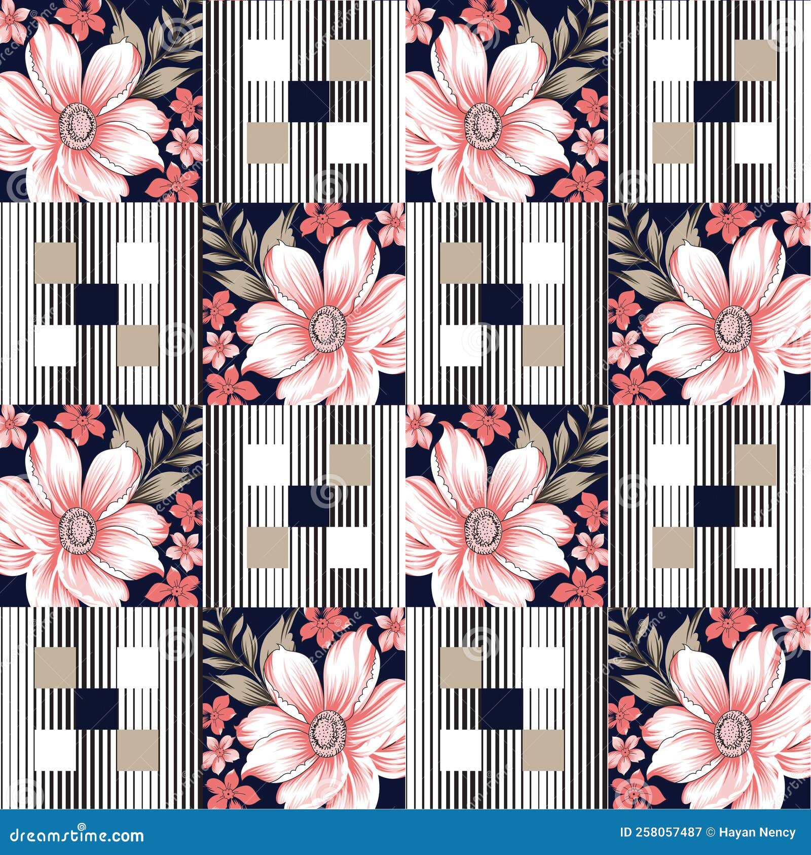 Flower Patchwork Pattern on Stripes Background Stock Vector - Illustration of décor, background ...