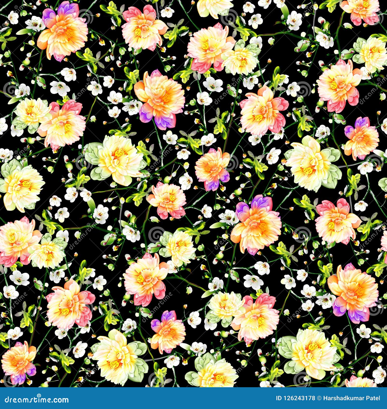 Flower Pattern Black Background Stock Illustration - Illustration of ...