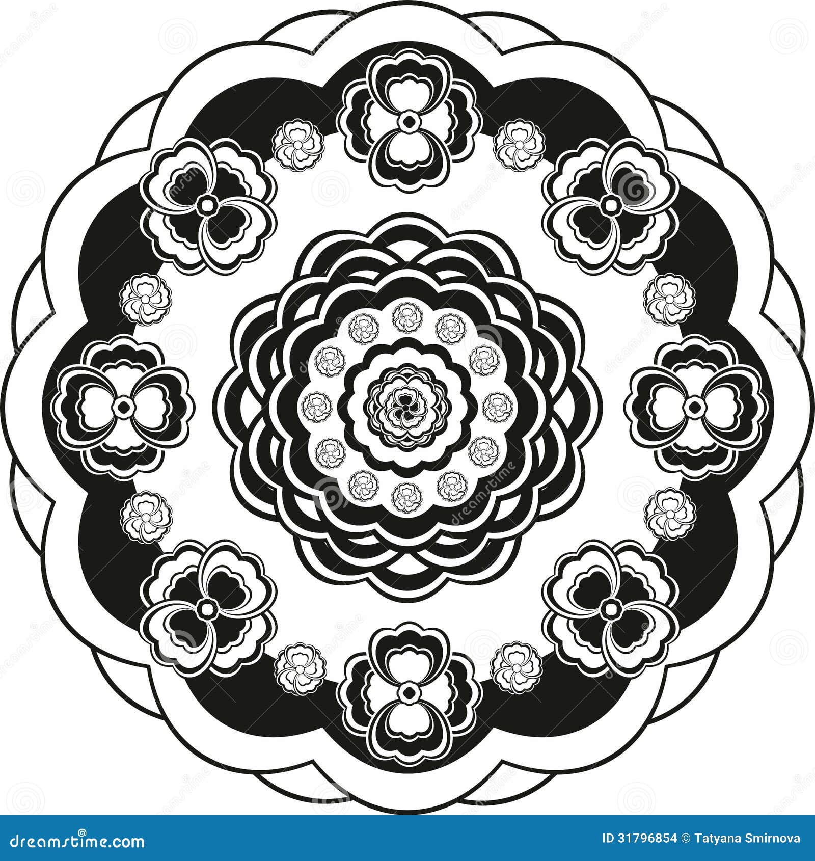Flower Pattern in Black and White Circle Stock Vector - Illustration of ...