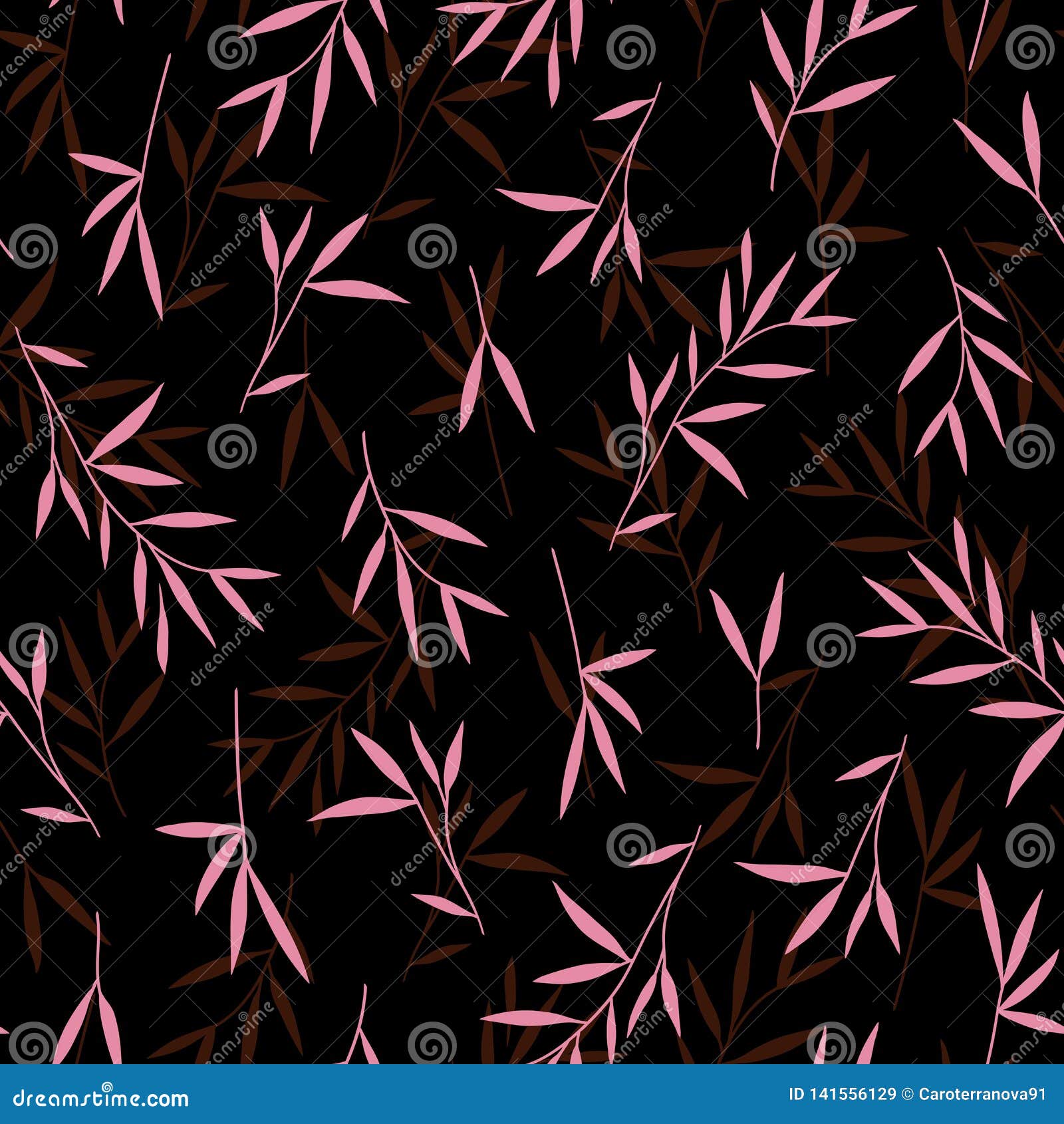 Seamless Pretty Pink Bamboo Leaves Pattern. Black Background. Stock ...
