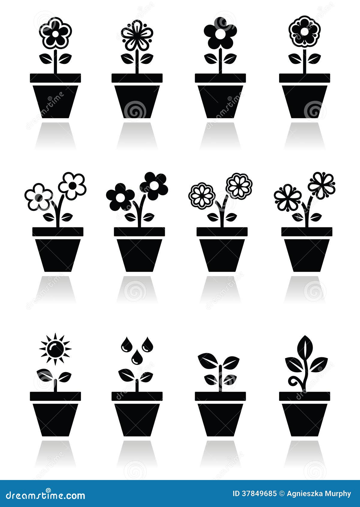 Flower, Plant in Pot Icons Set Stock Illustration - Illustration of ...