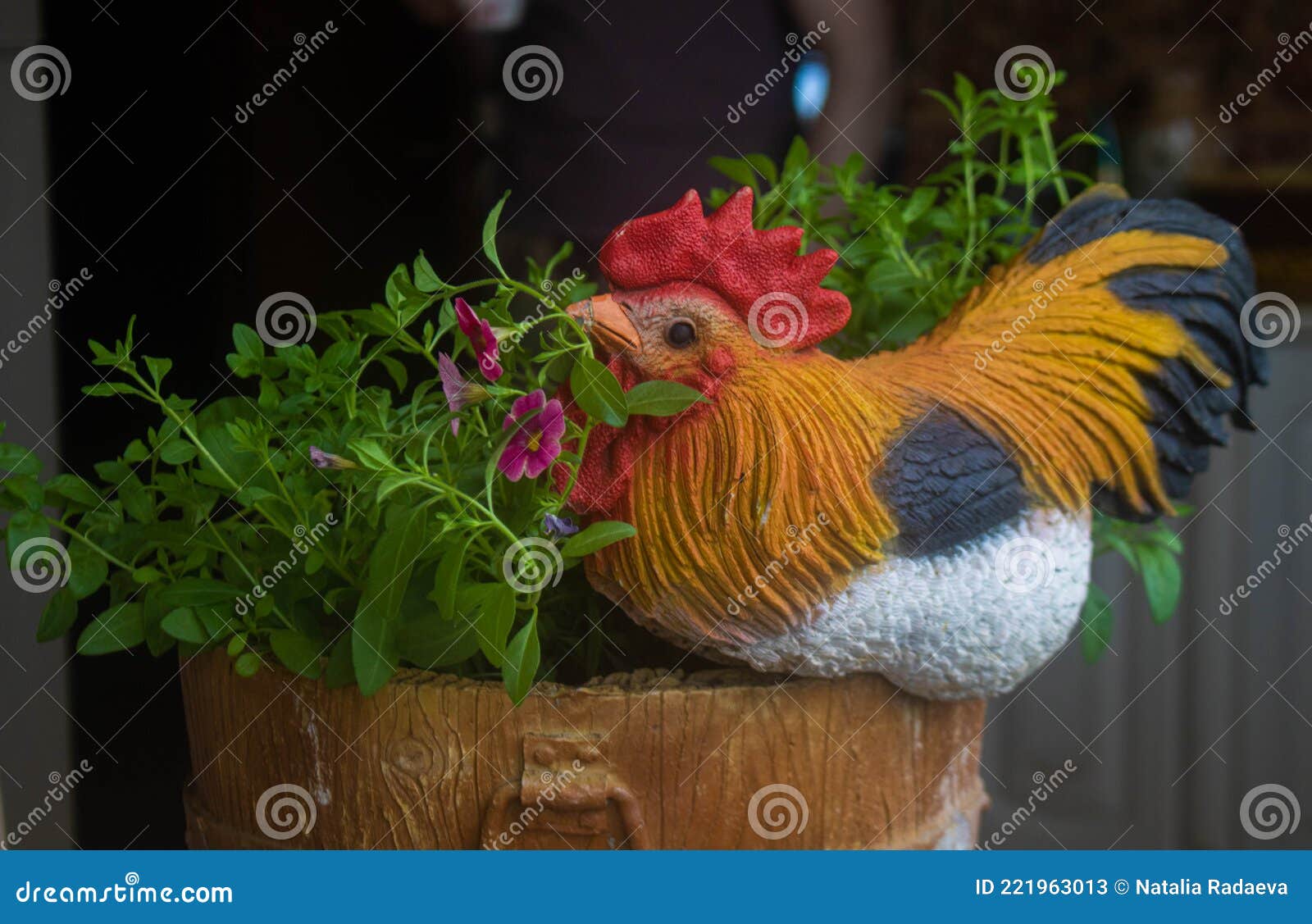 The Flower Pot is Decorated with a Ceramic Rooster for an Original Home ...