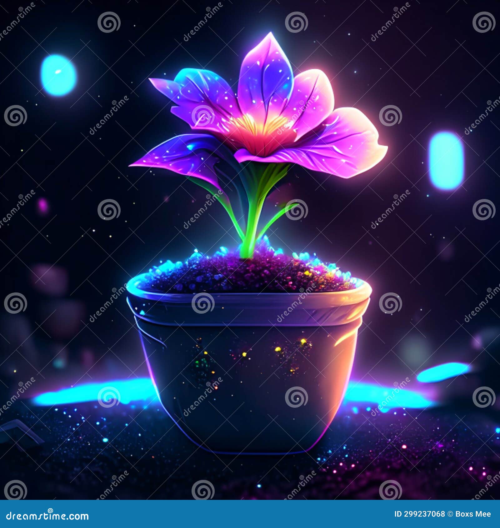 Flower in a Pot. Neon Light Effect. Vector Illustration Stock ...
