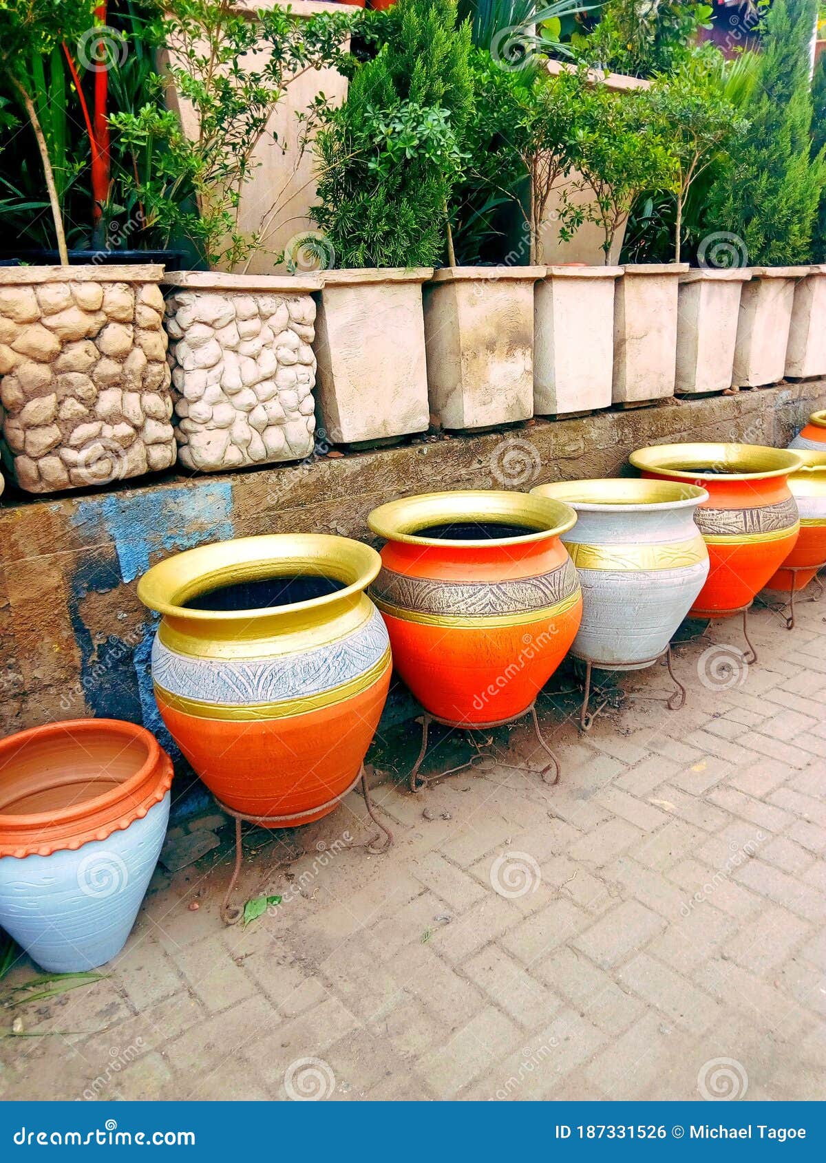 Flower pots background. stock photo. Image of garden - 187331526