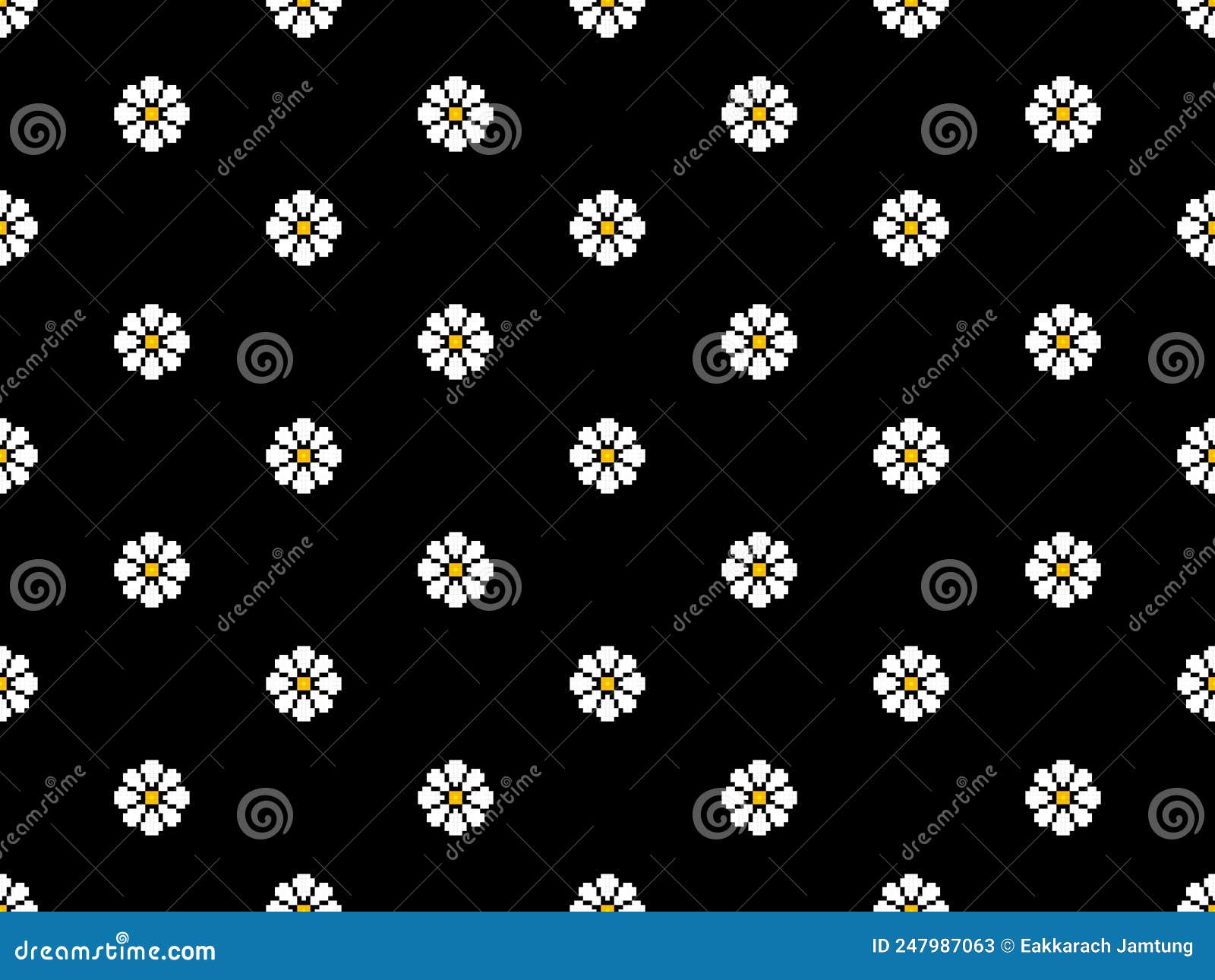Flower Seamless Pattern on Black Background. Pixel Style Stock Vector ...