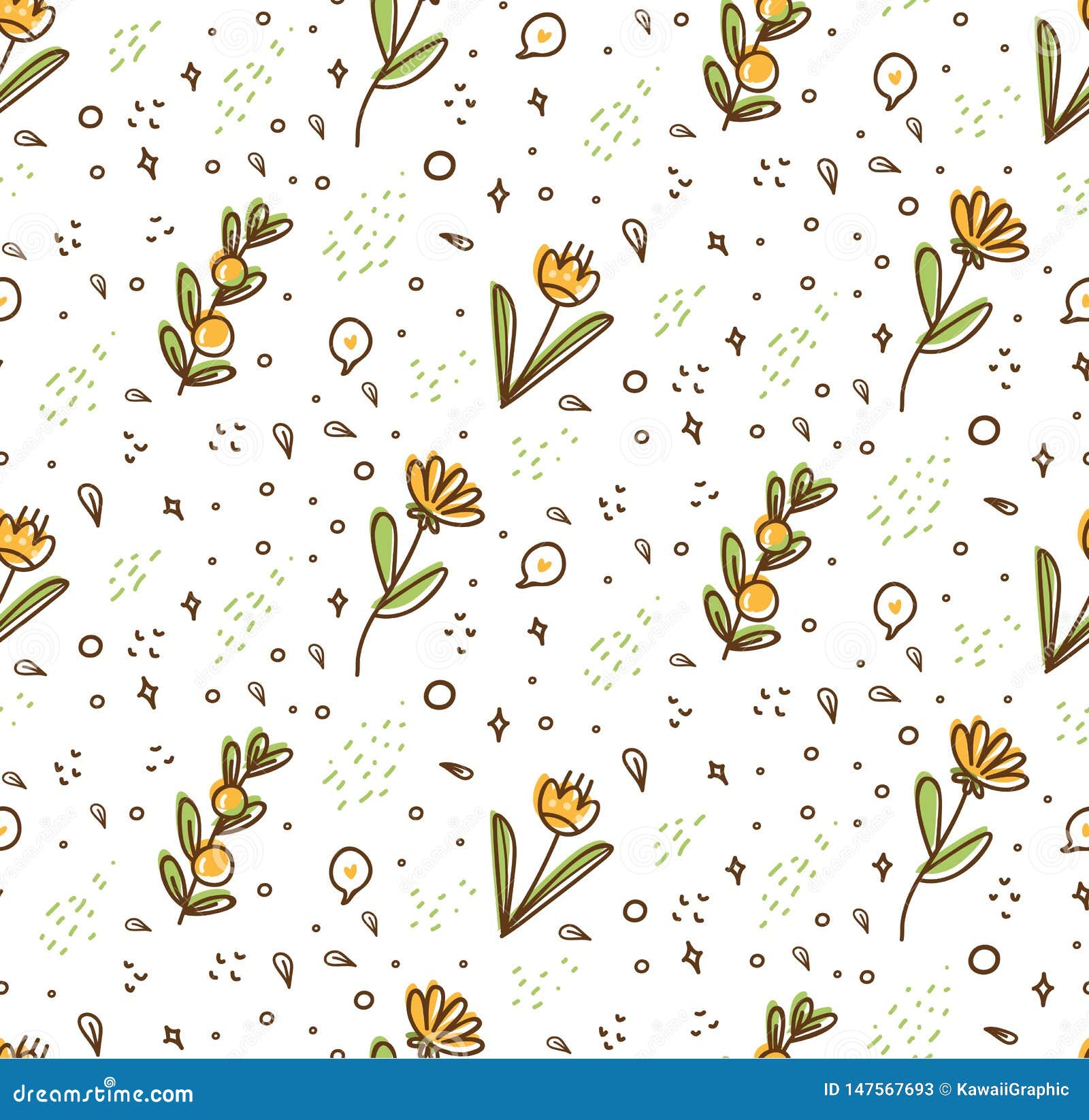 Flower Seamless Pattern in Kawaii Doodle Style Vector Illustration ...