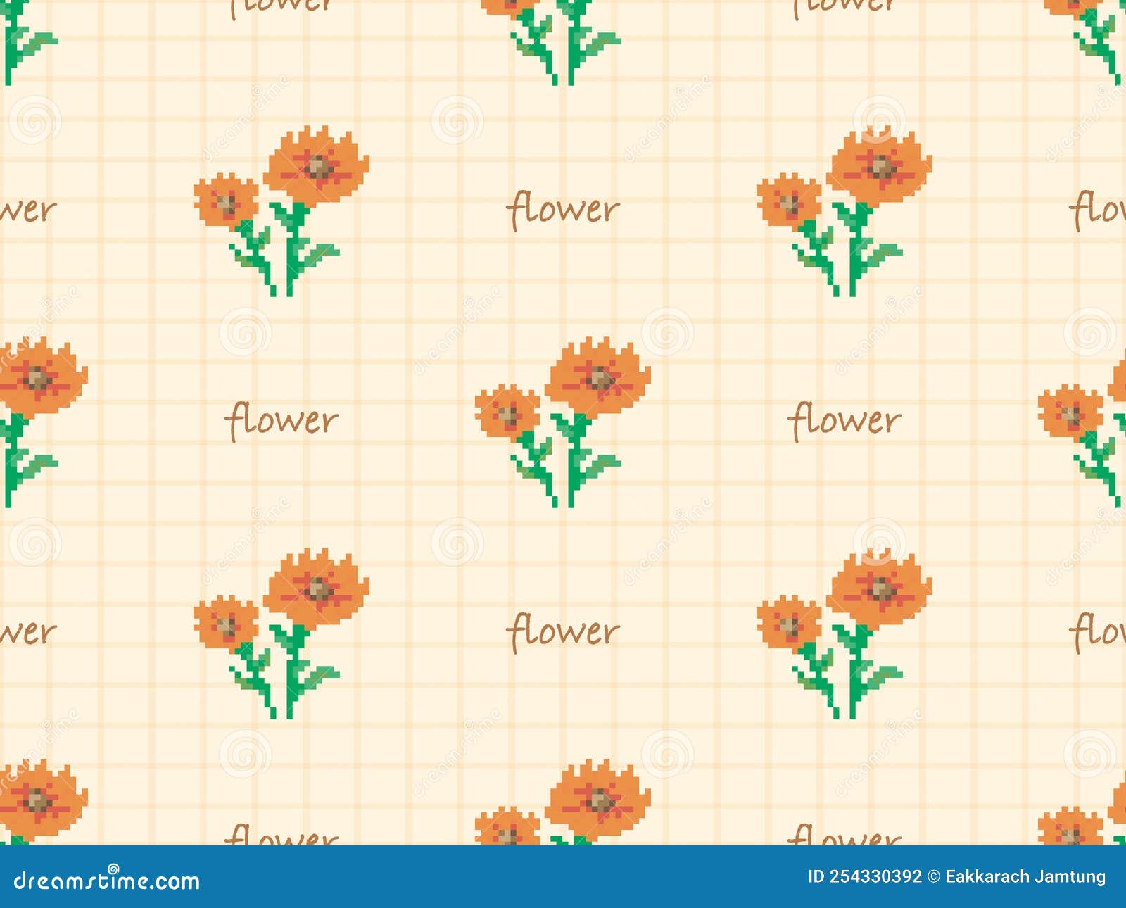 Flower Seamless Pattern on Orange Background. Pixel Style Stock ...