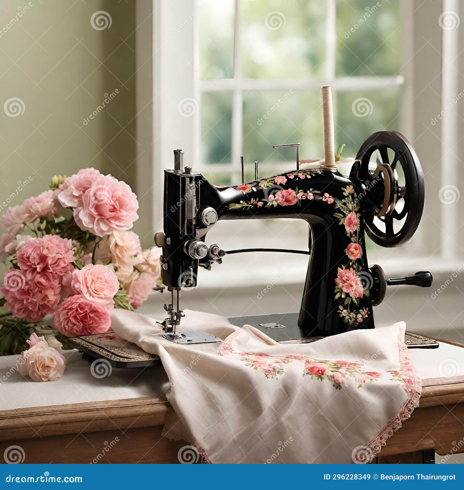 Flower Seamstress Sewing Machine - 1 Stock Illustration - Illustration ...