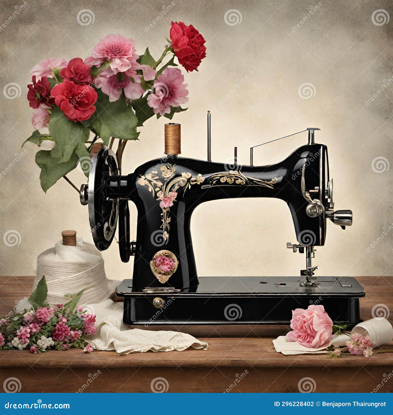 Flower Seamstress Sewing Machine - 1 Stock Illustration - Illustration ...