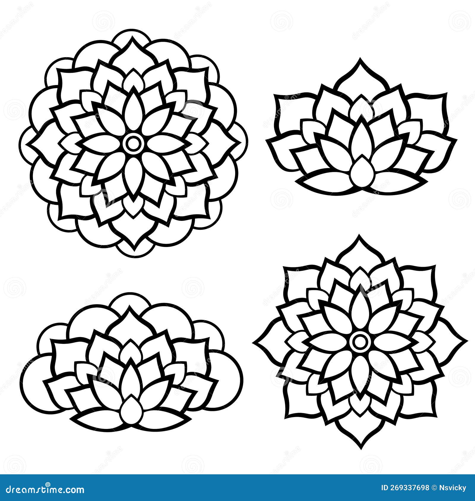 Simple Abstract Flowers Icons Set. Black and White Round Symmetrical ...